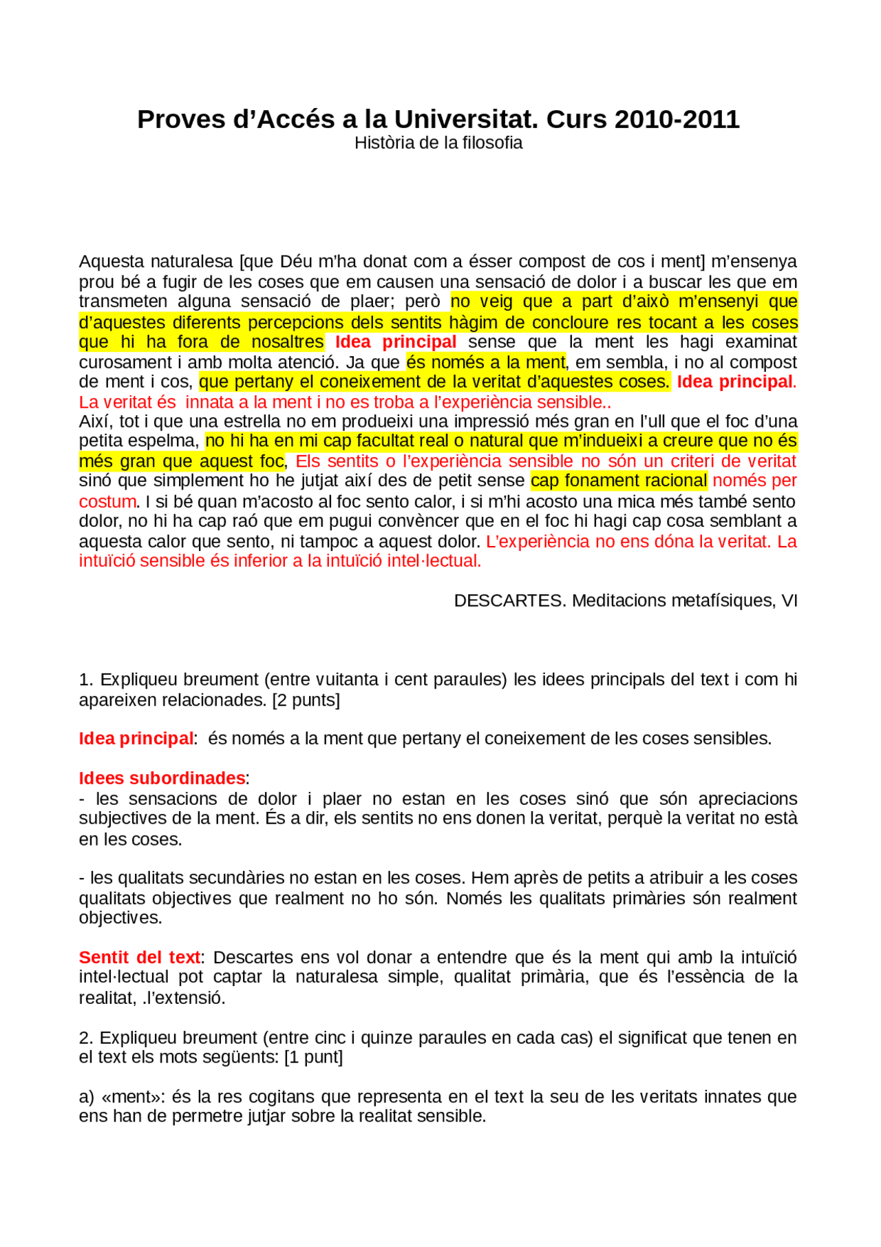 Examen Resuelto De Descartes Exámenes Selectividad De Filosofía Docsity