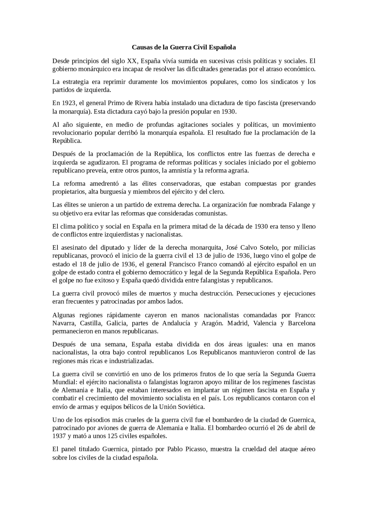 La Guerra Civil española resumen para selectividad | Exámenes ...