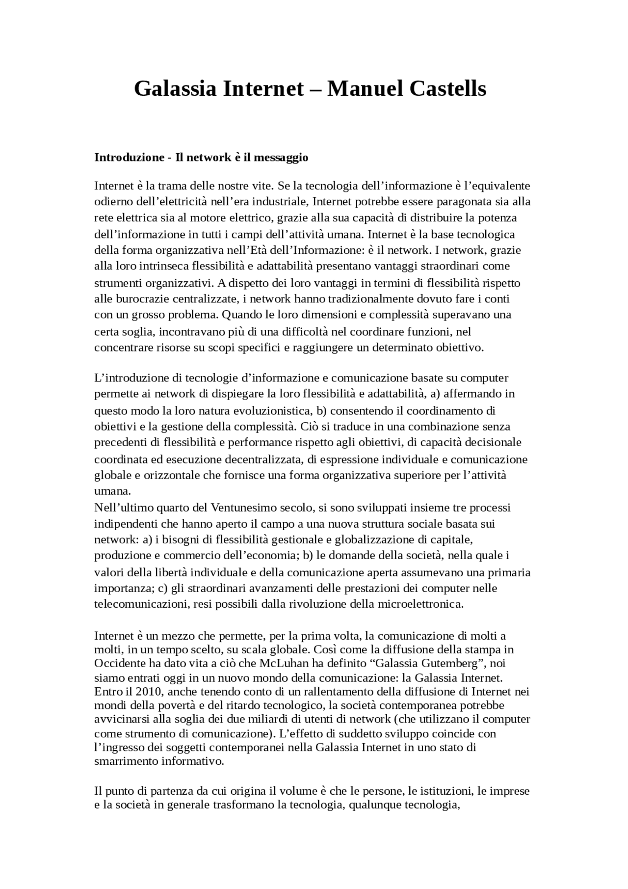 Castells M 2006 Galassia Internet Feltrinelli Milano Docsity