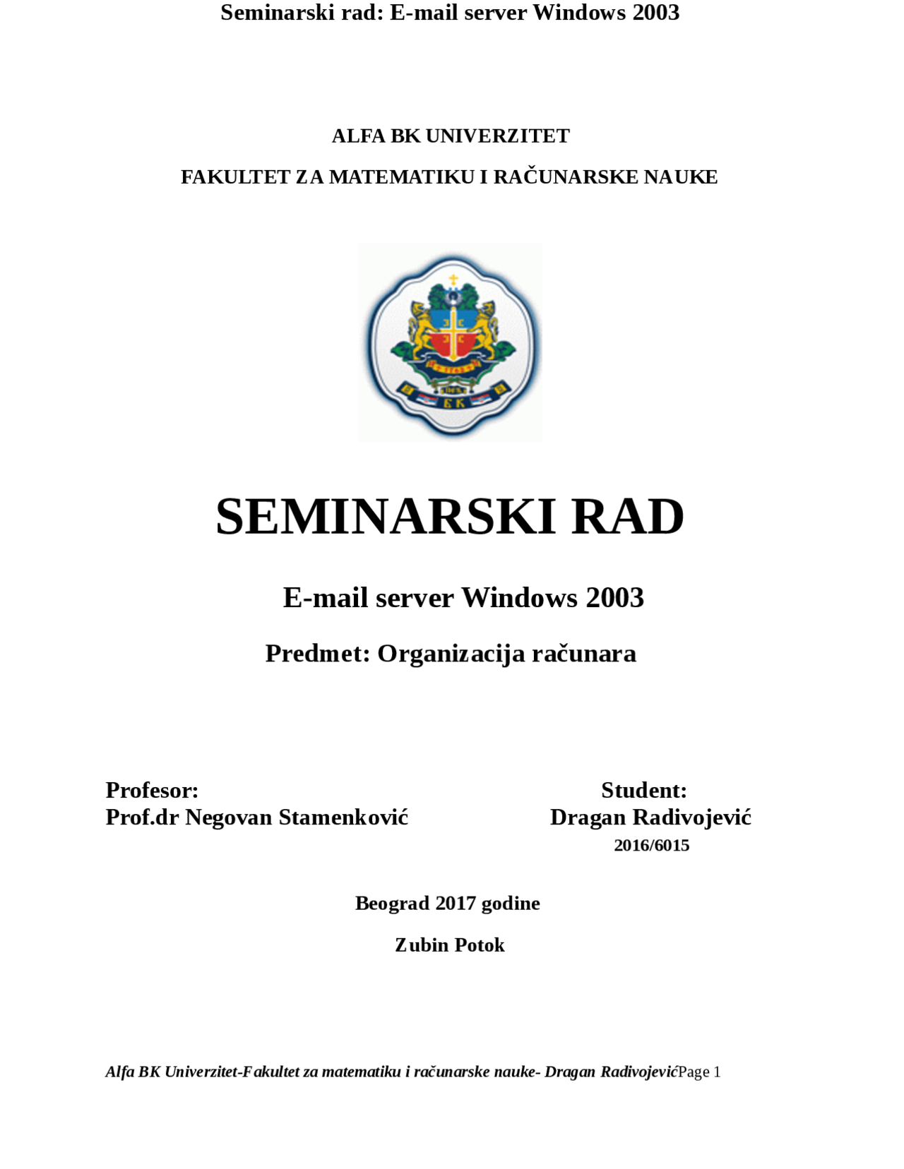 Organizacija racunara | Maturalni radovi' predlog Računarstvo i informatika - Docsity