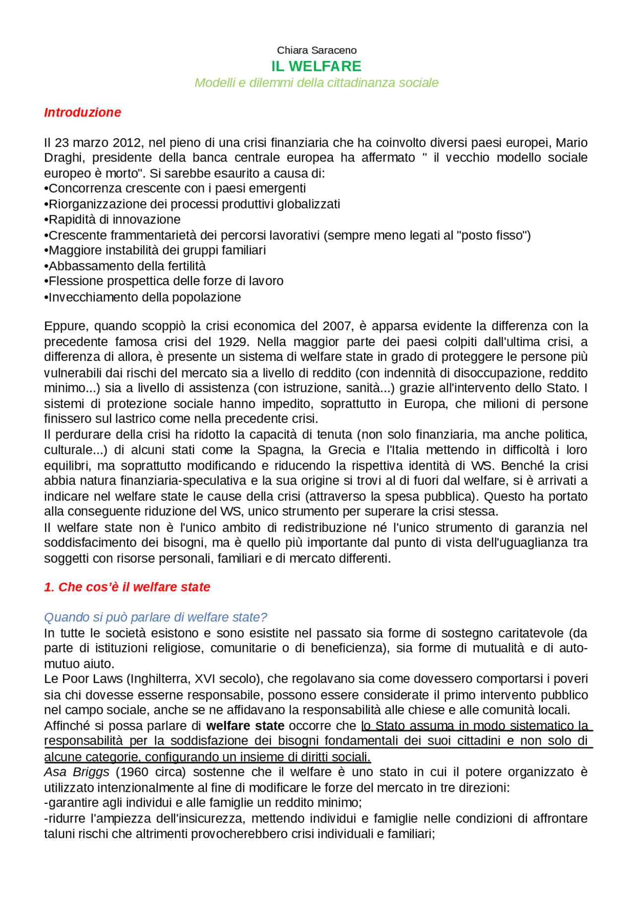 Il Welfare Chiara Saraceno Docsity