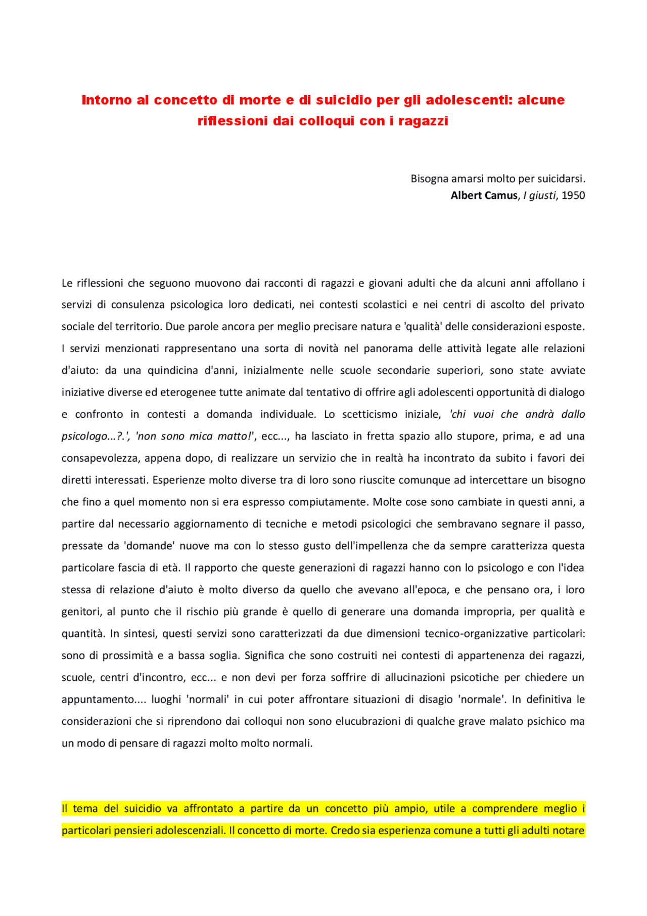 Suicidio E Adolescenza Docsity