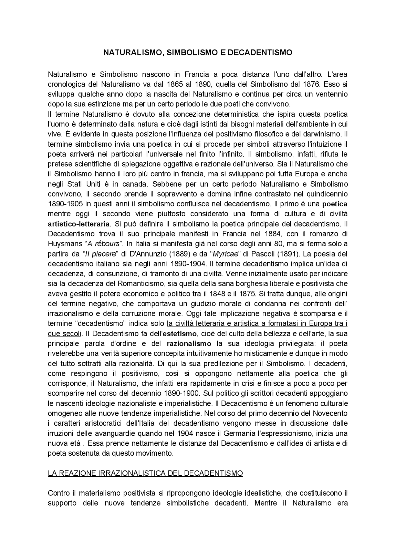 Decadentismo E Simbolismo Docsity