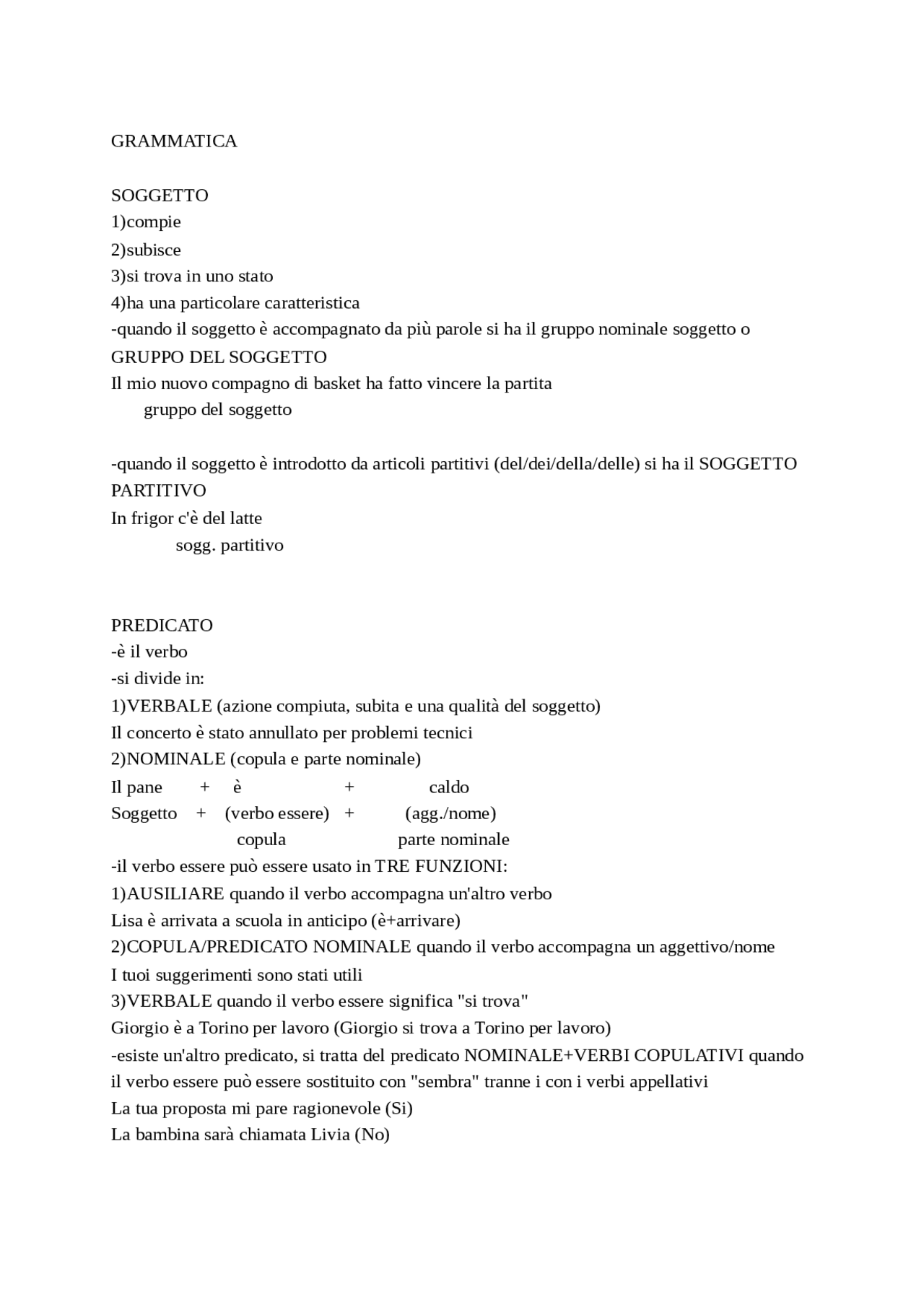 Grammatica: Soggetto, Verbo e Predicato | Exercises Italian | Docsity
