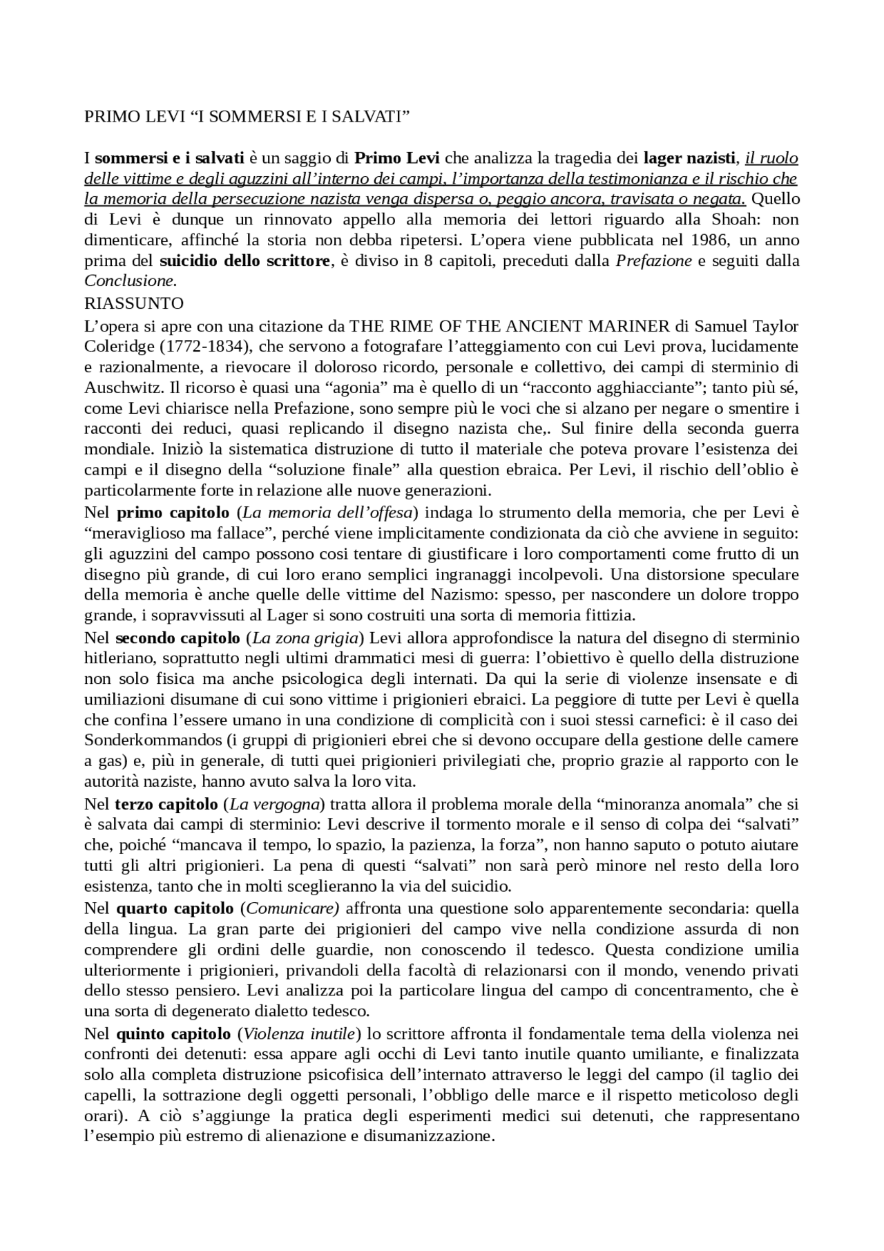 I Sommersi E I Salvati Docsity