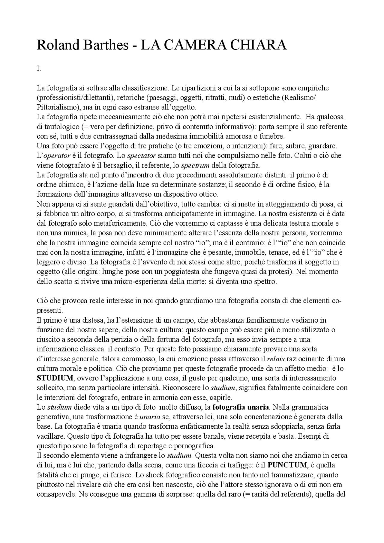 Roland Barthes La Camera Chiara Docsity