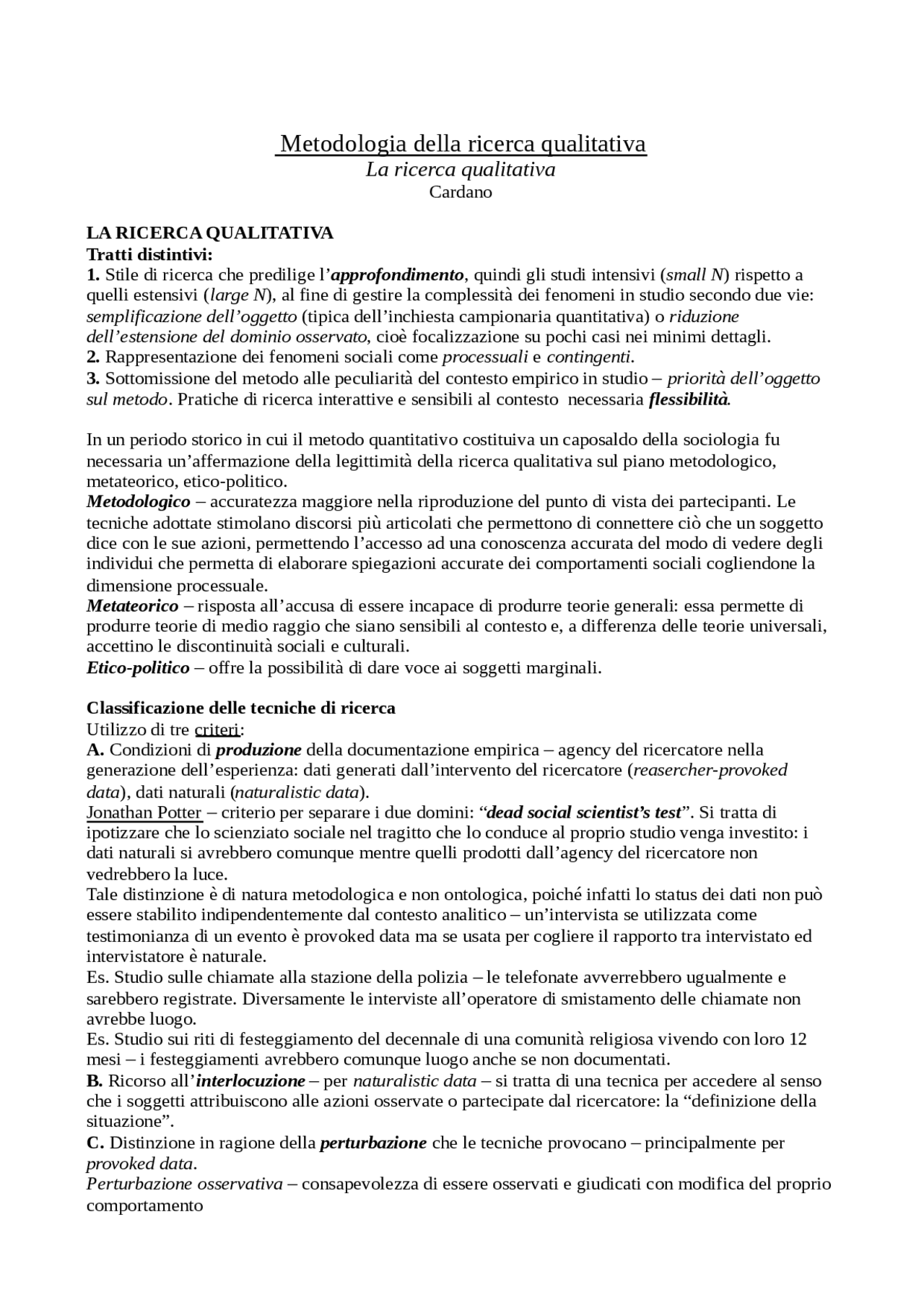 La Ricerca Qualitativa Mario Cardano Docsity