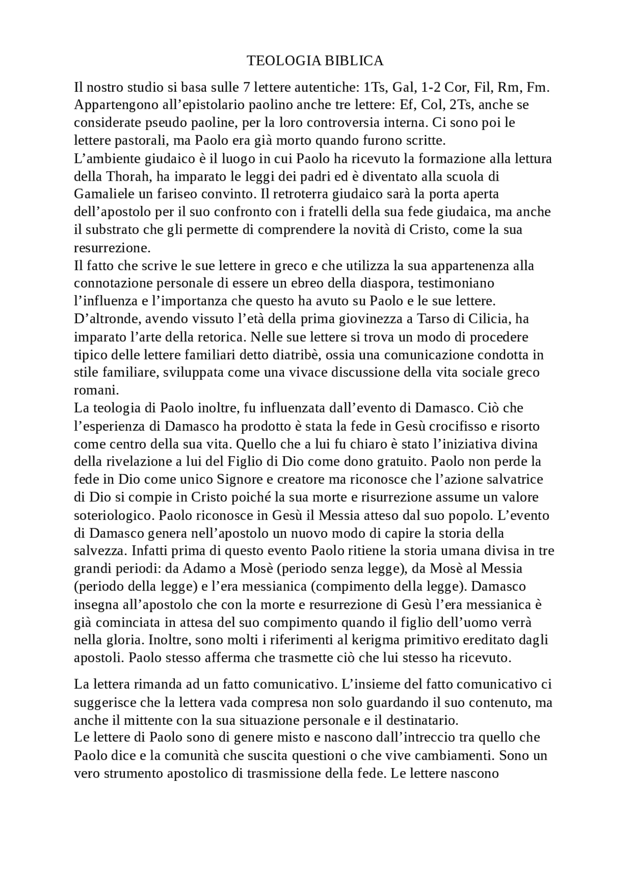 Sintesi Biblica Teologia Docsity