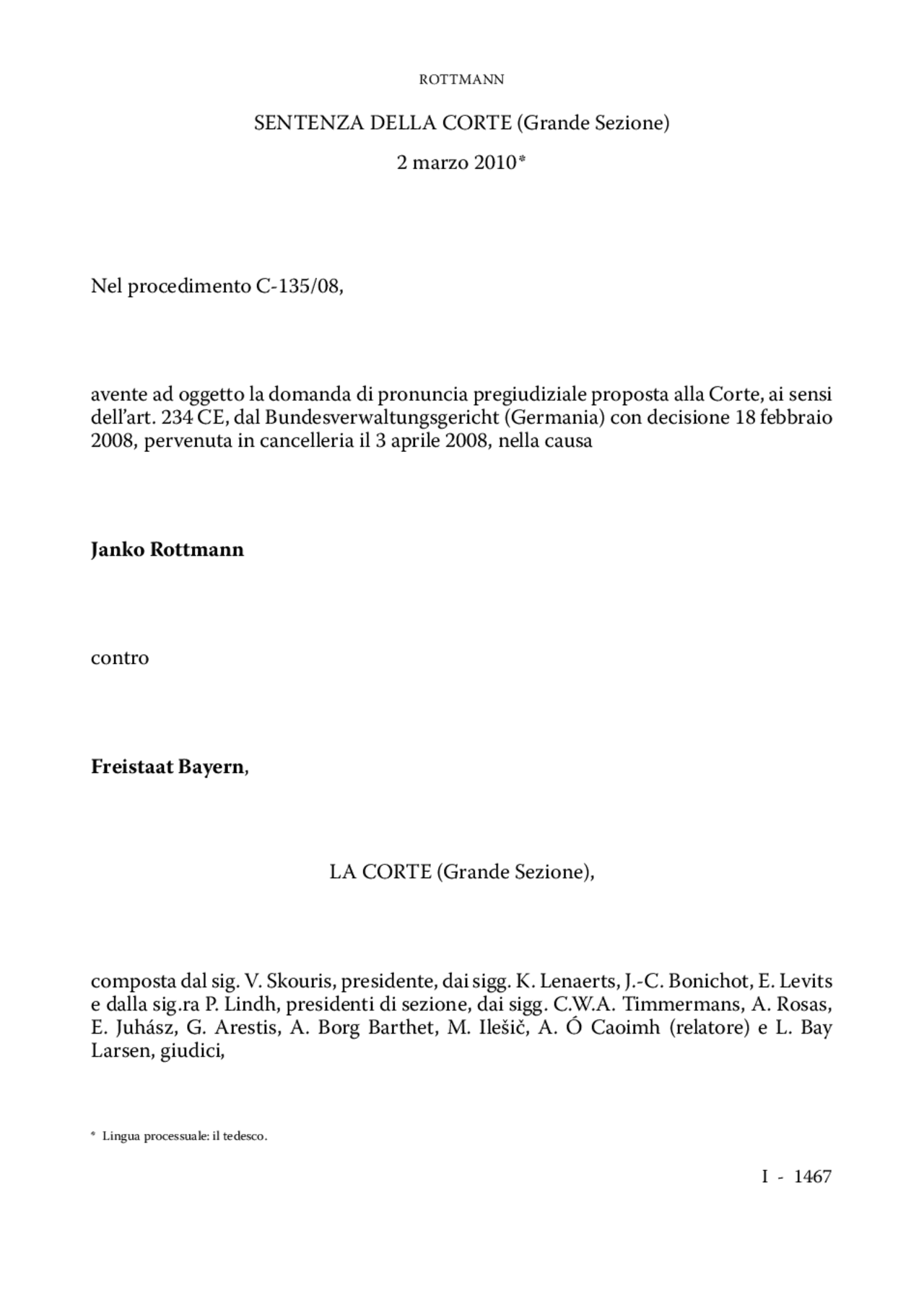Sentenza corte di giustizia unione europea. Sentenza Rottmann - Docsity