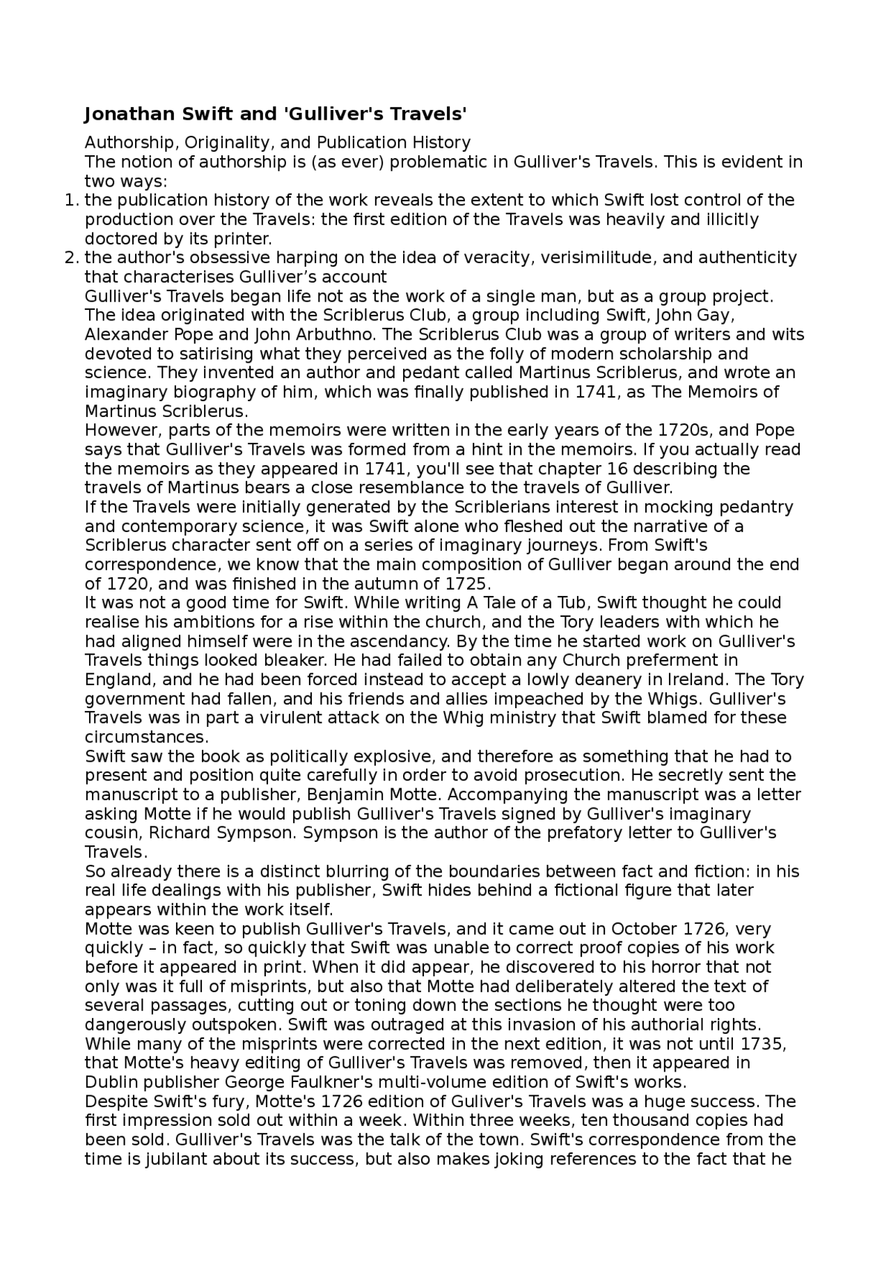 Jonathan Swift And Gullivers Travel Docsity