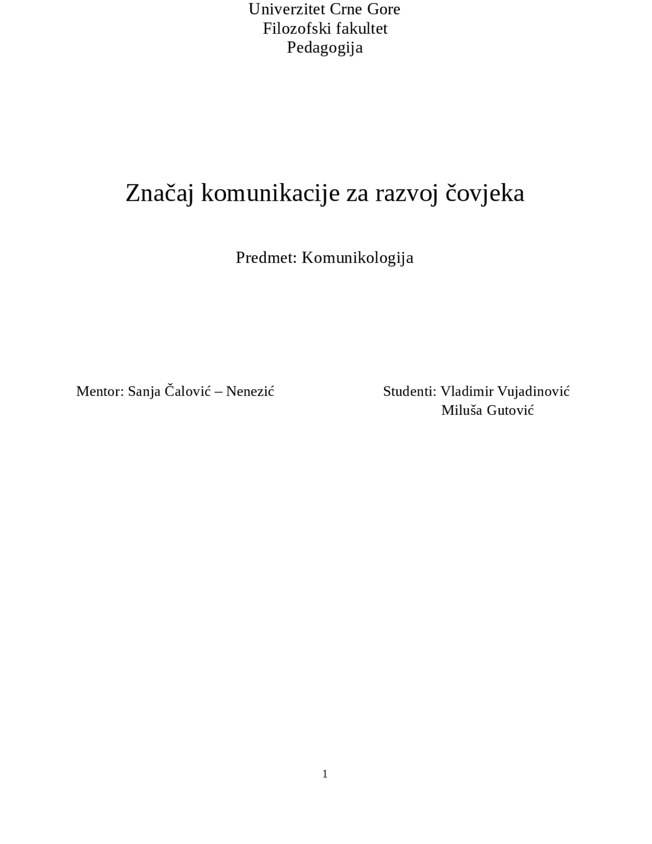 Značaj Komunakcije Za Razvoj čovjeka Esej Predlog Sociologija Docsity