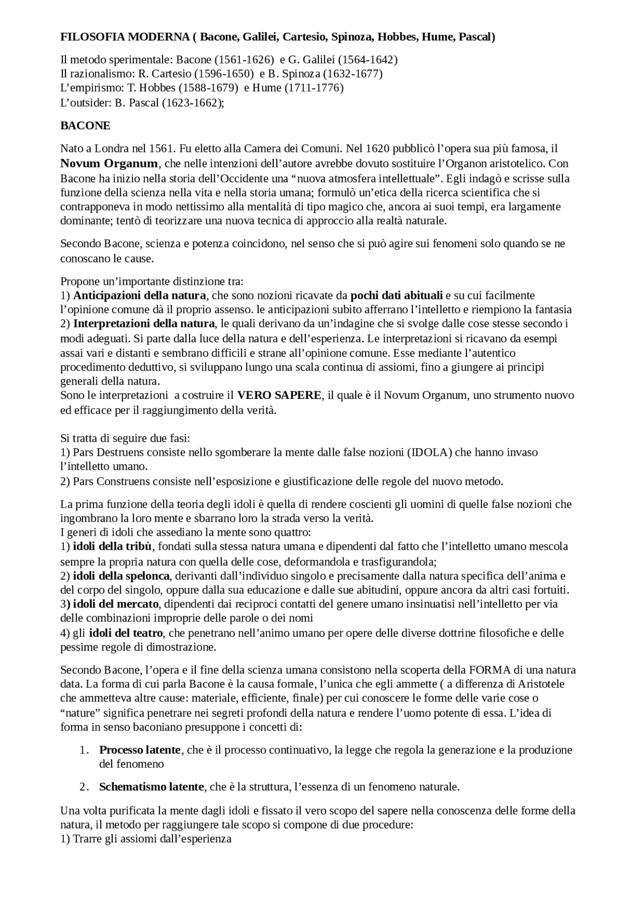 Storia della Filosofia 1 (ISSR Brescia) riassunto da Bacone a Pascal ...