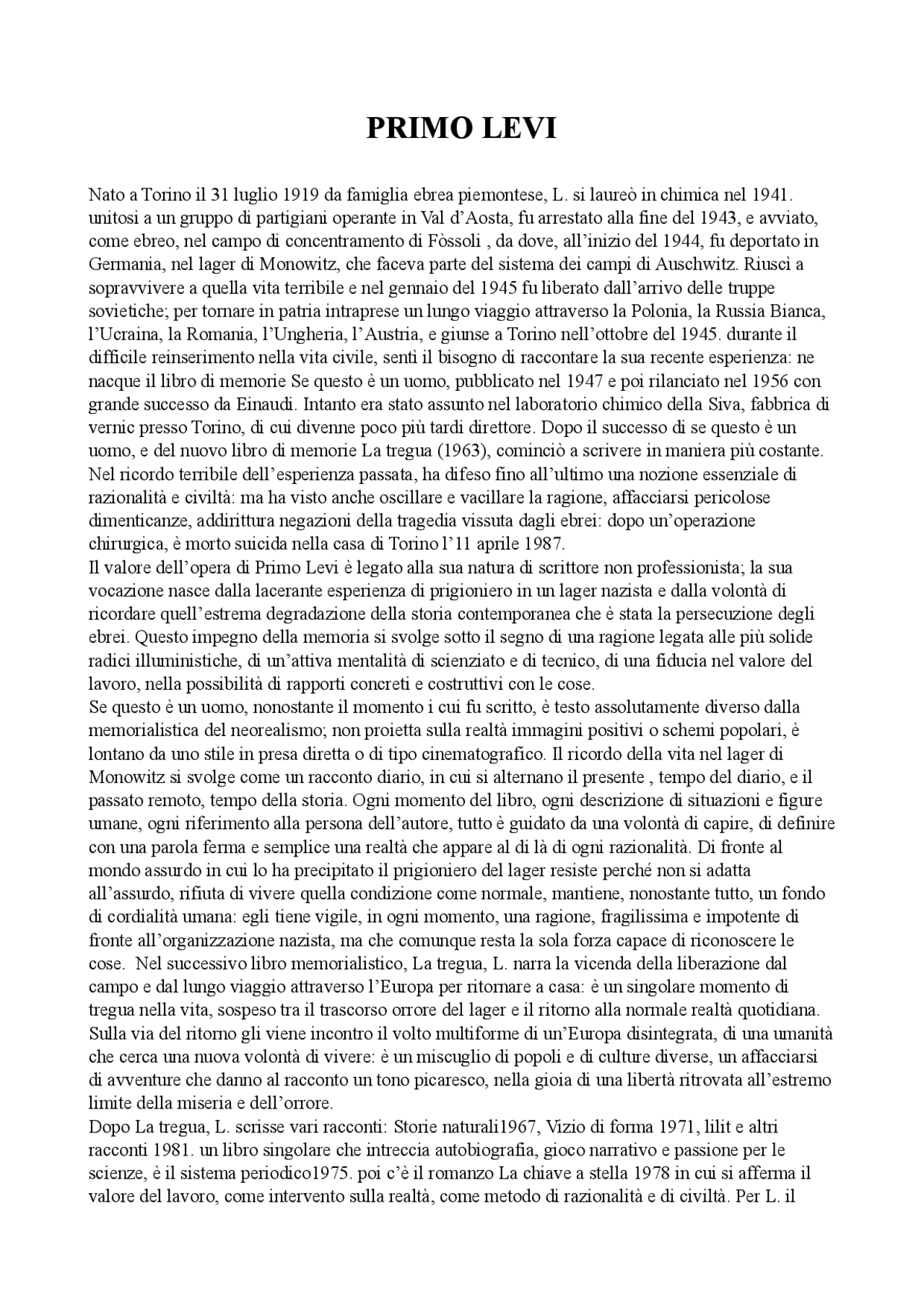 Riassunto Primo Levi - Docsity