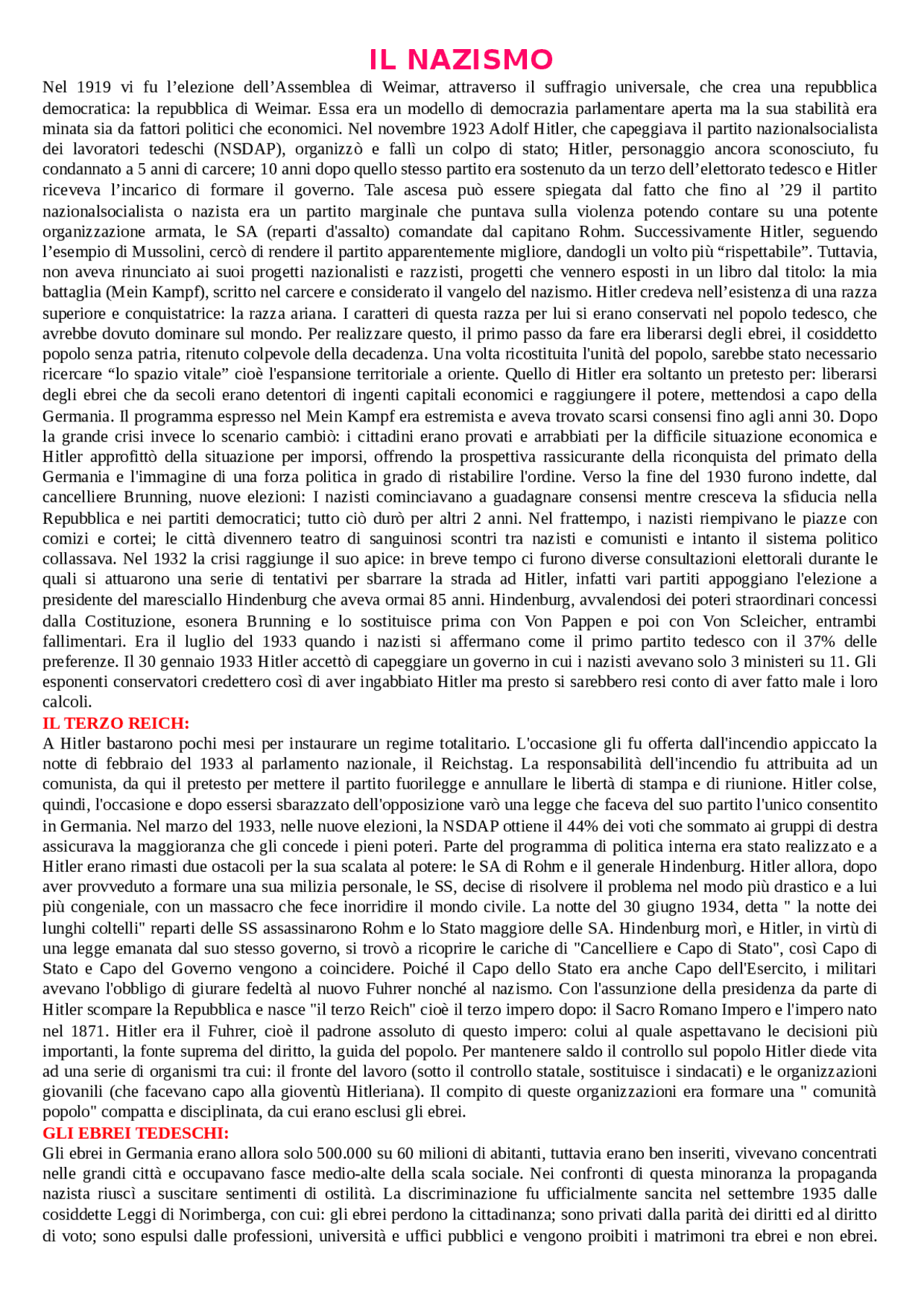 Il Nazismo Sintesi Di Storia Docsity
