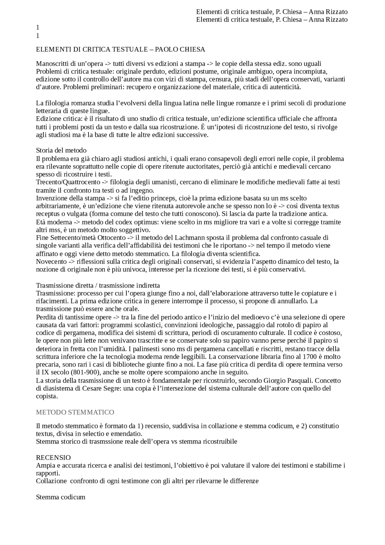 Riassunto Elementi Di Critica Testuale Di Paolo Chiesa Docsity