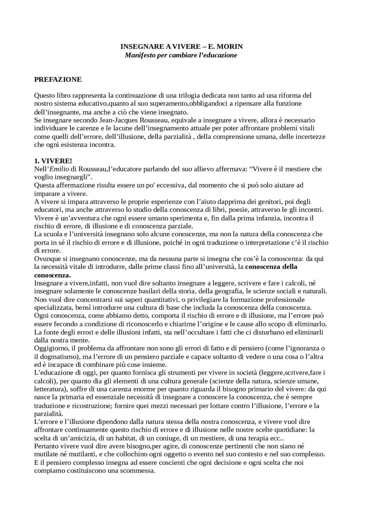 Schemi Insegnare A Vivere Di Morin Docsity