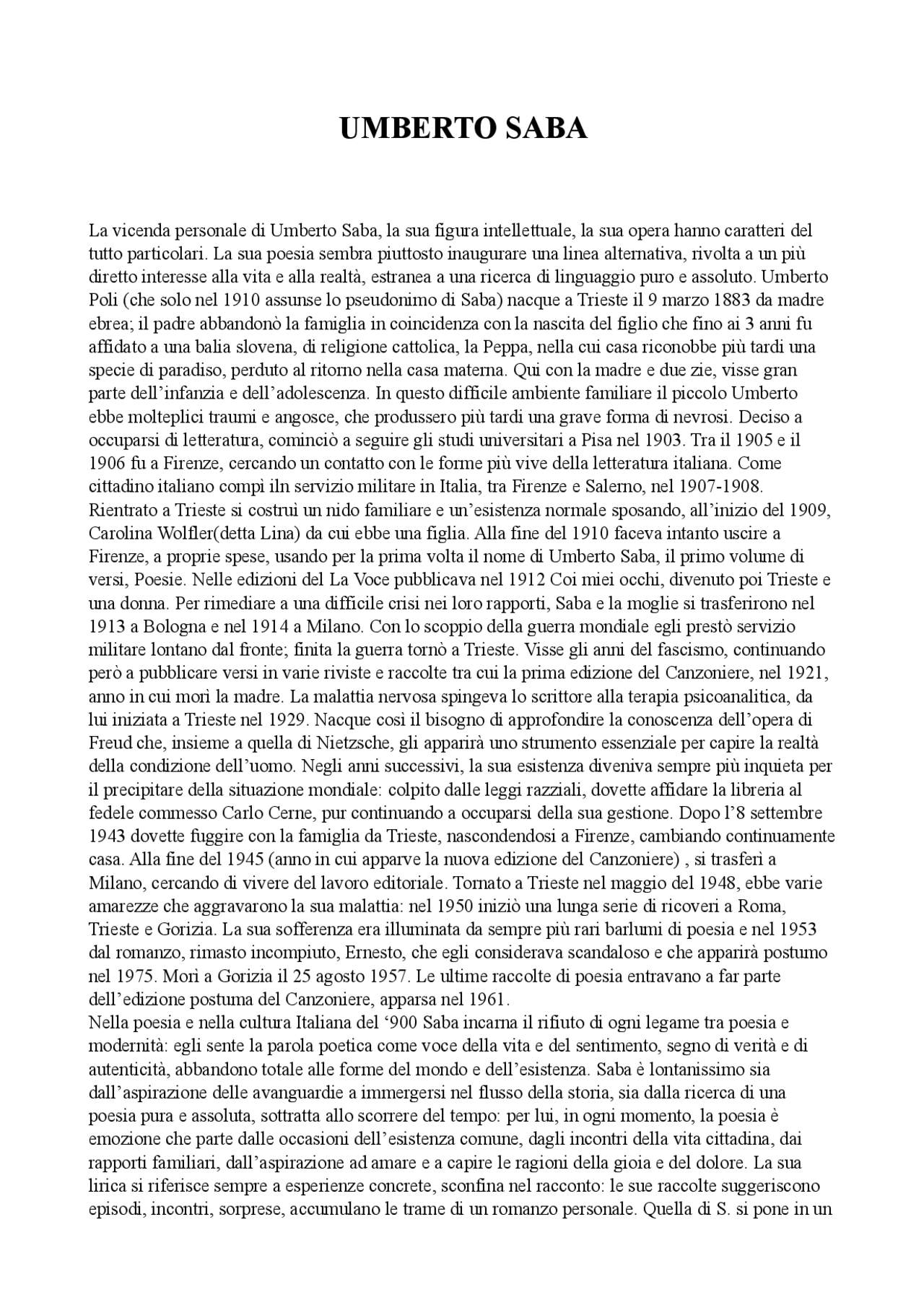 Riassunto Umberto Saba Docsity