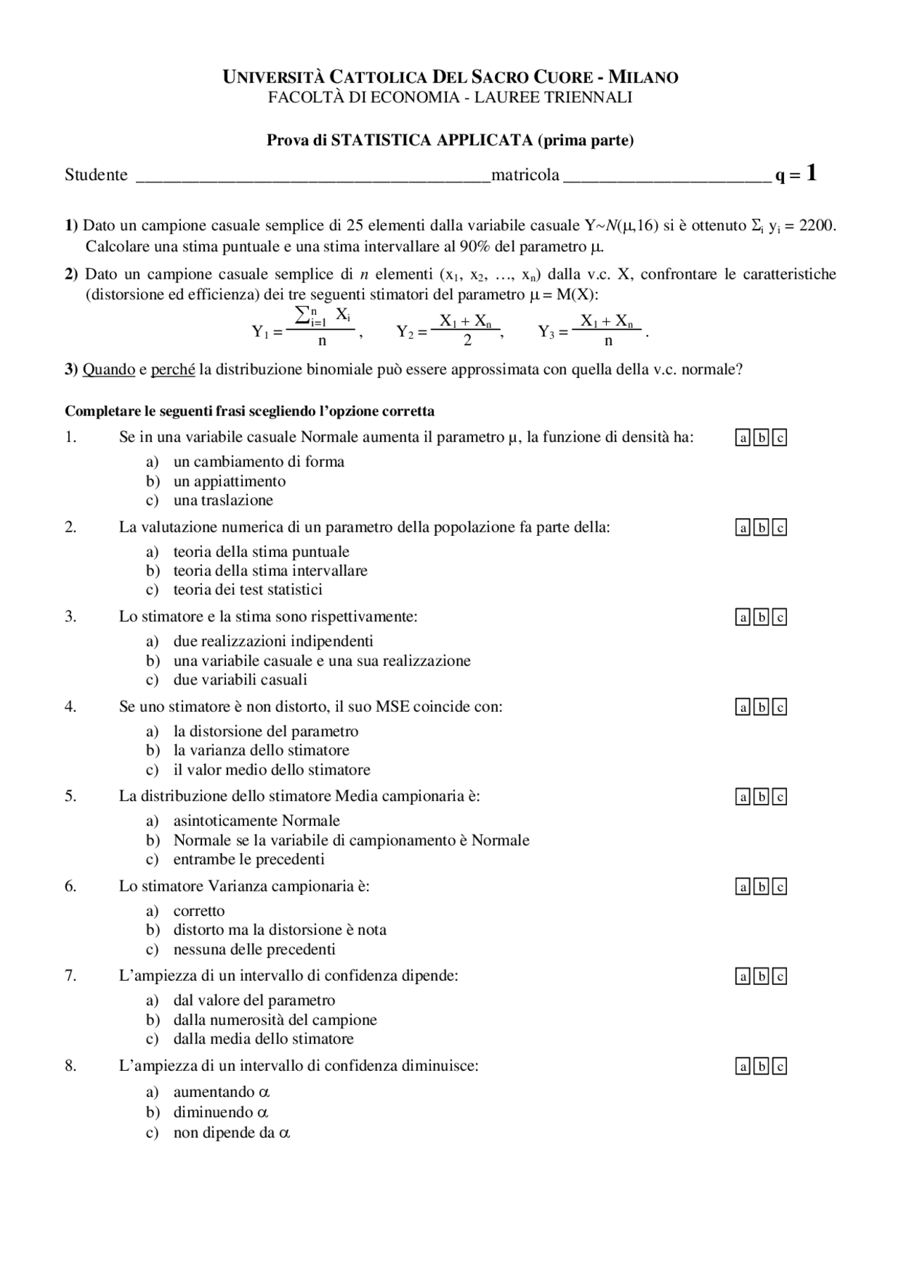 Temi Esami Statistica Applicata - Docsity