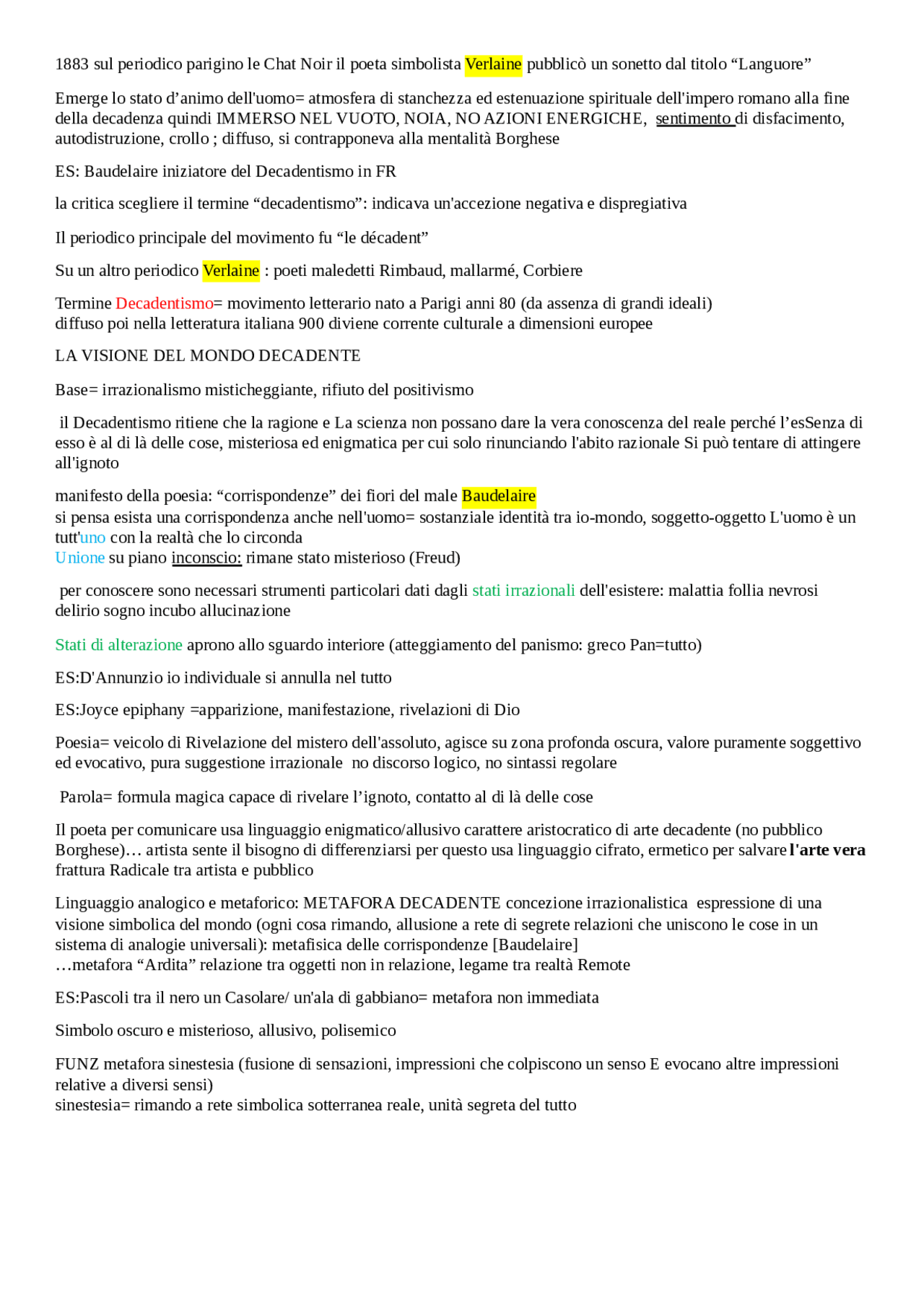 Riassunto Decadentismo Docsity