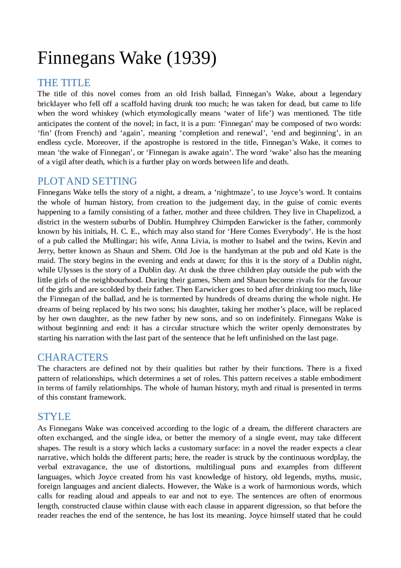 Finnegans Wake by James Joyce - Docsity