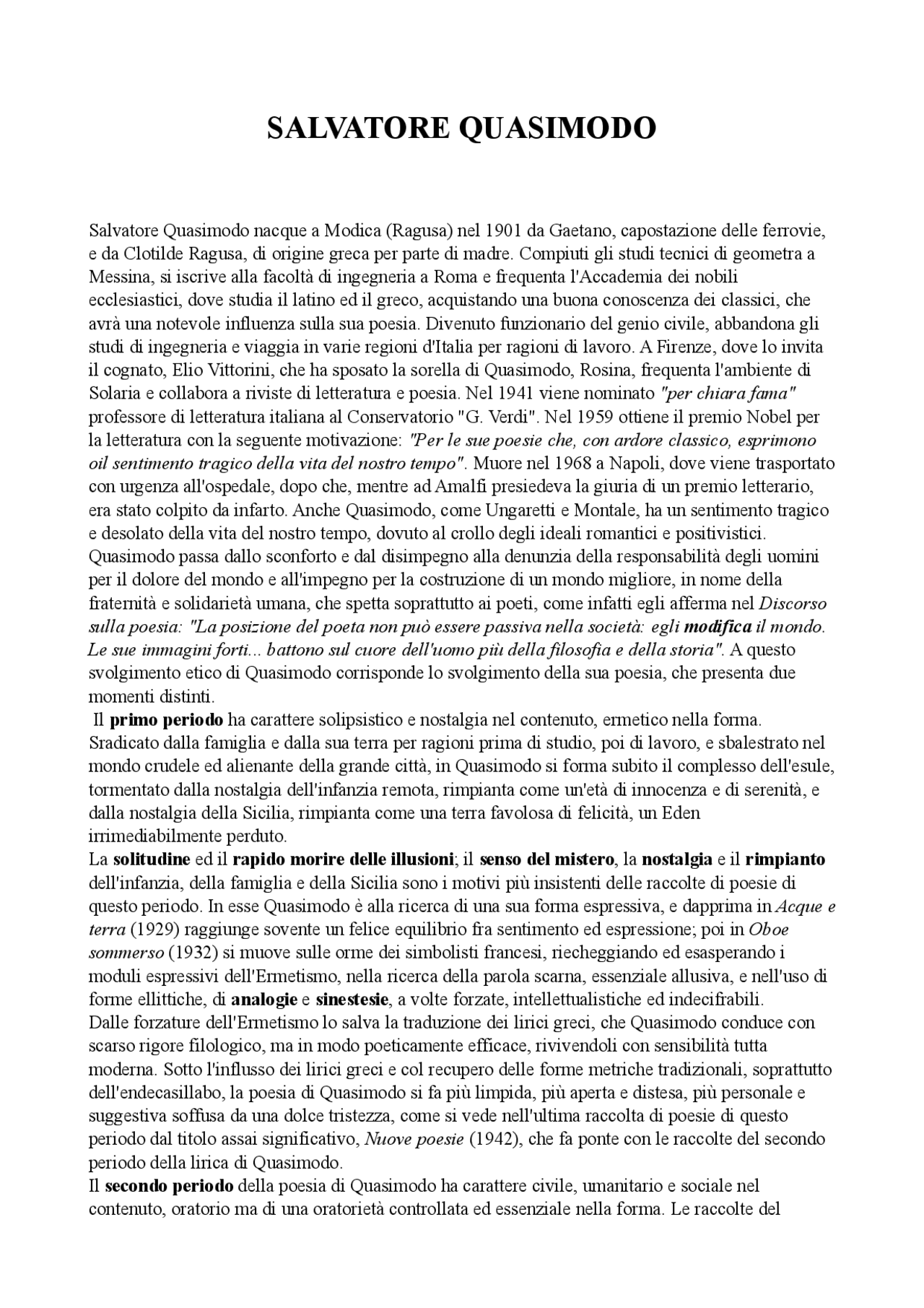 Riassunto Salvatore Quasimodo Docsity