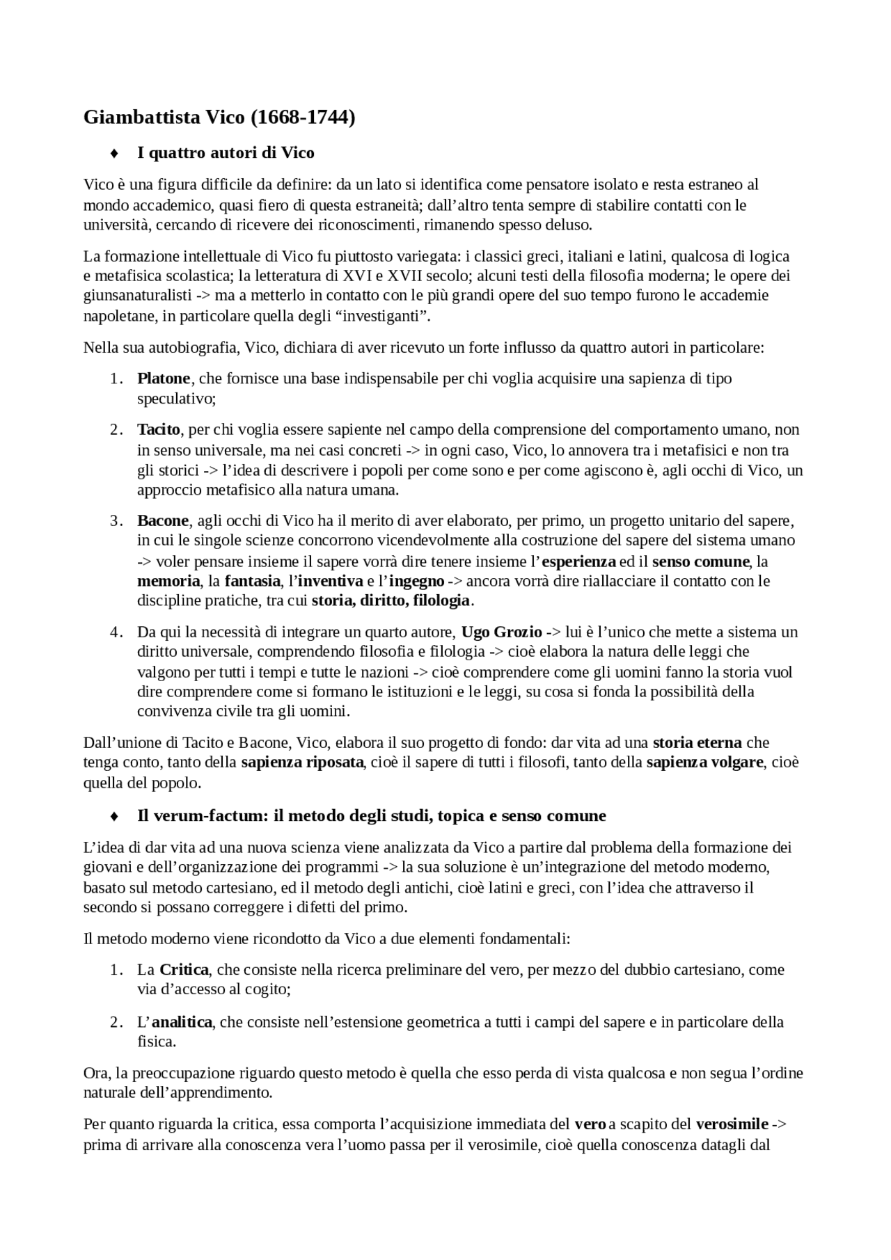 Riassunto Giambattista Vico Docsity