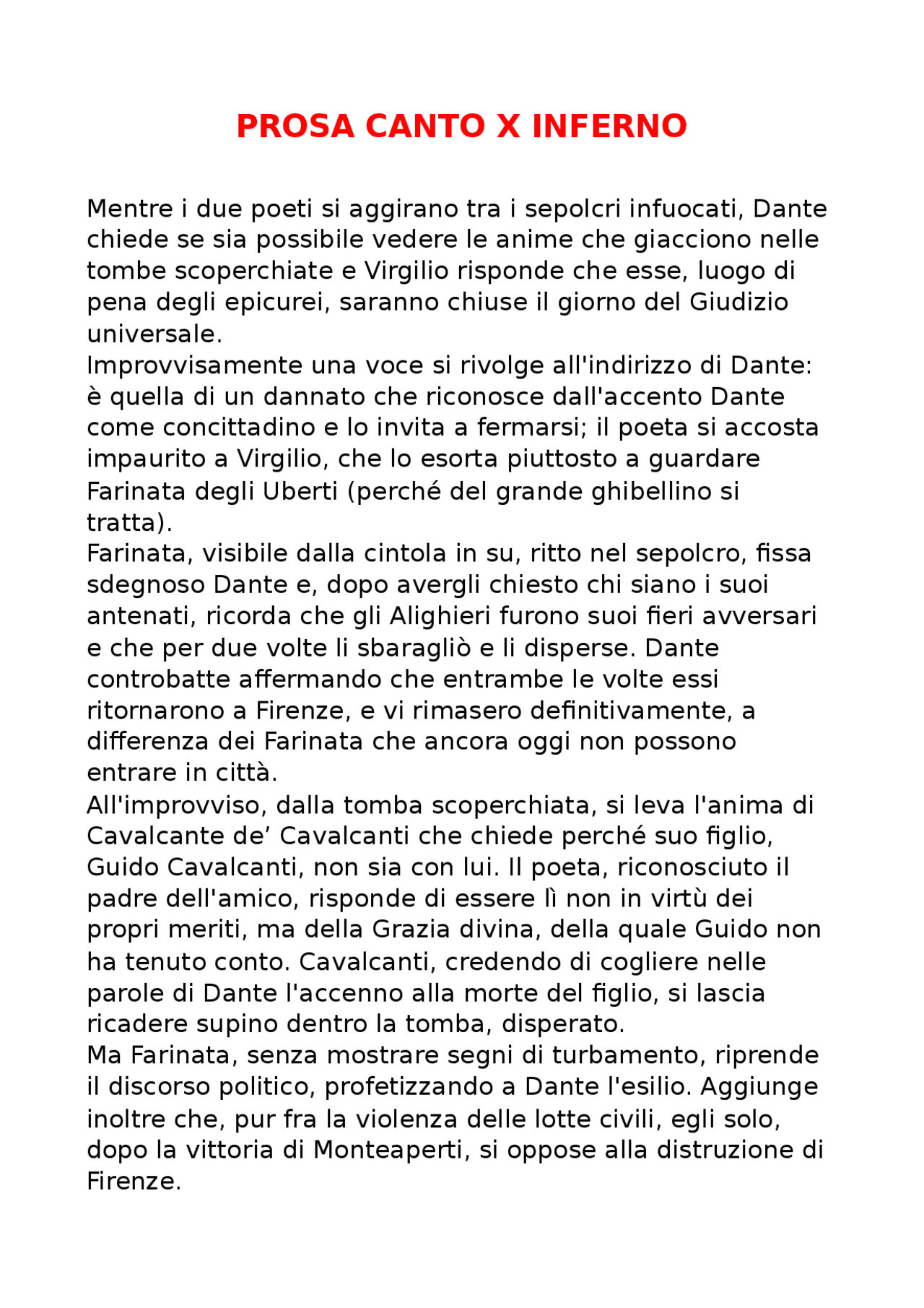 PROSA CANTO X INFERNO - Docsity