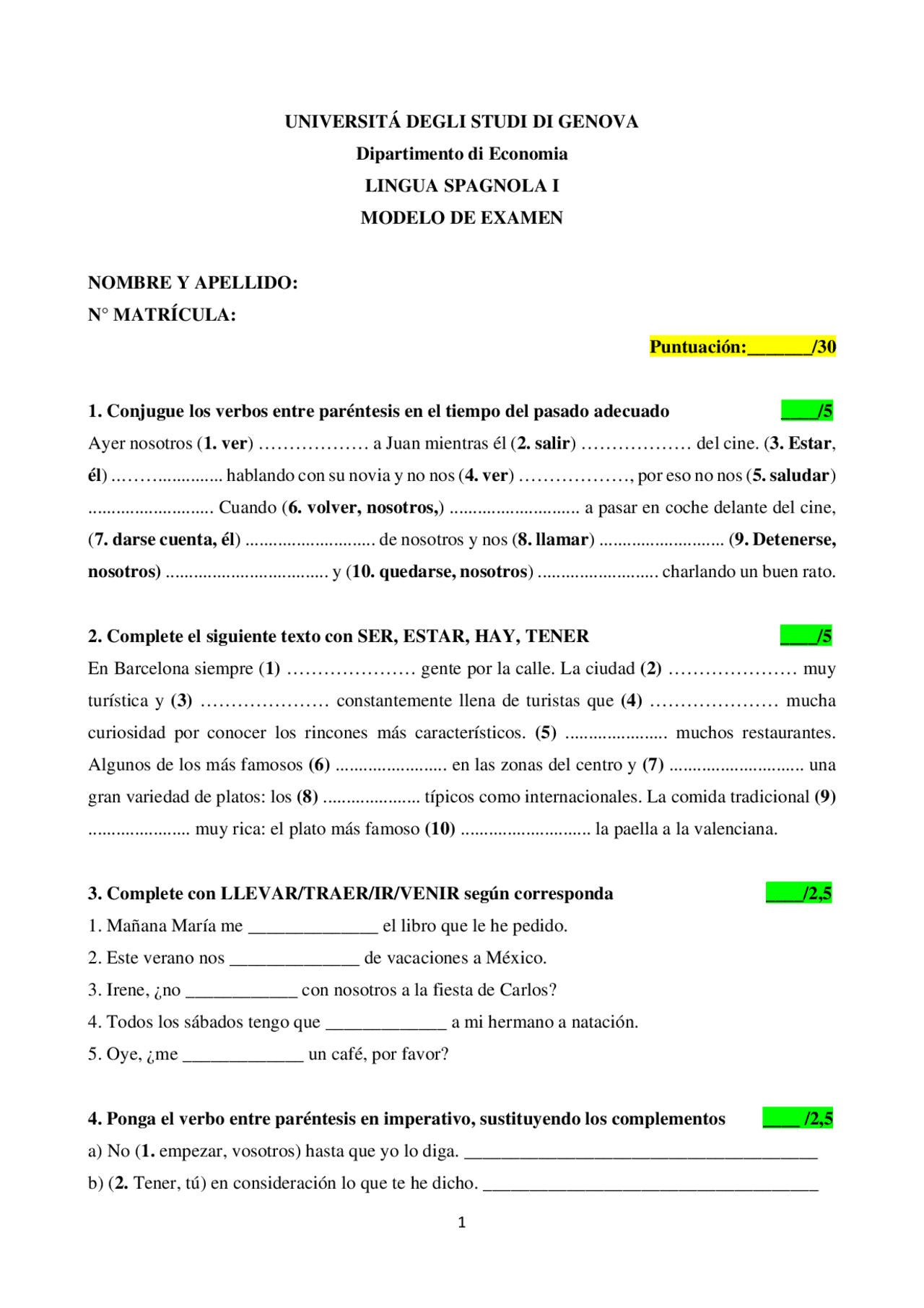 Lingua Spagnola Prove Desame Docsity