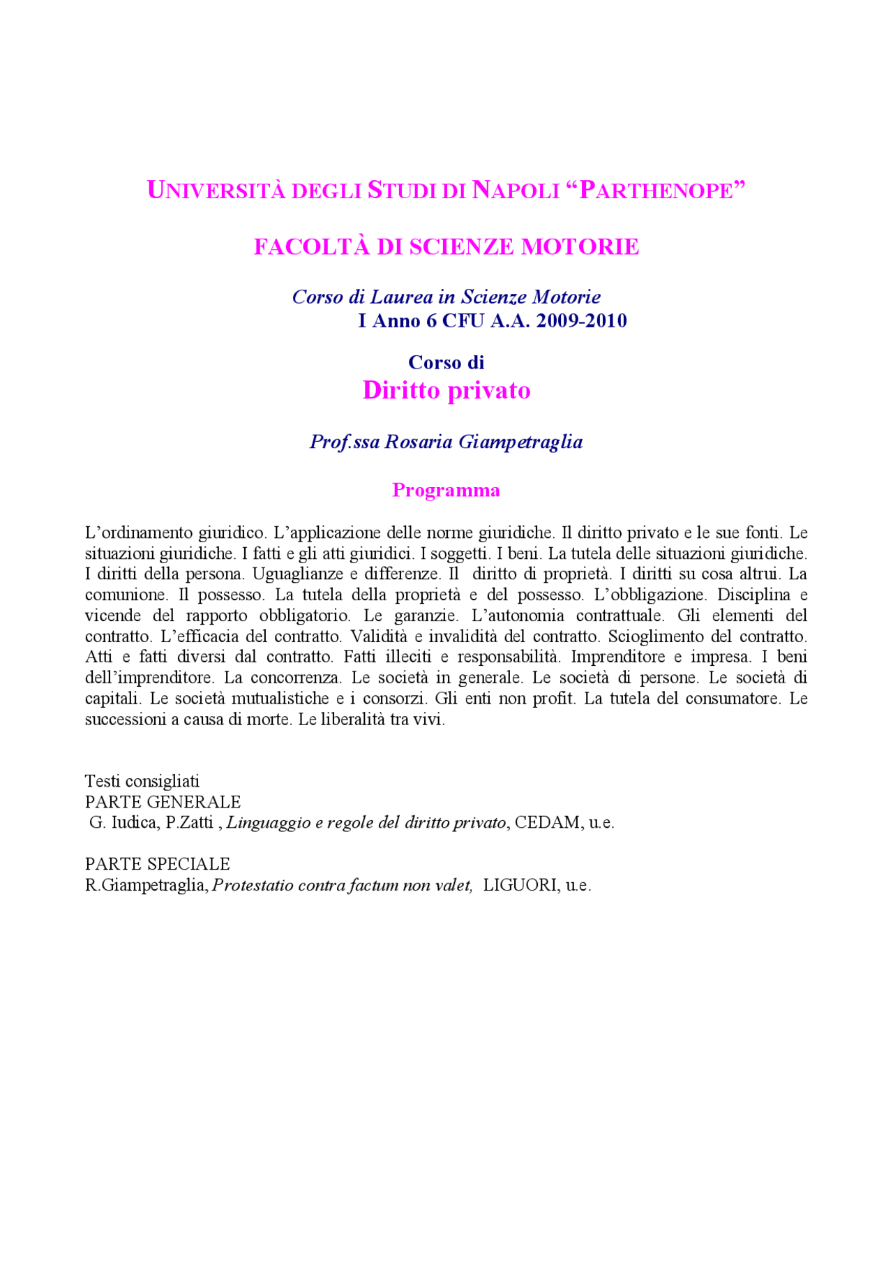 Programma Esame Di Diritto Privato Docsity