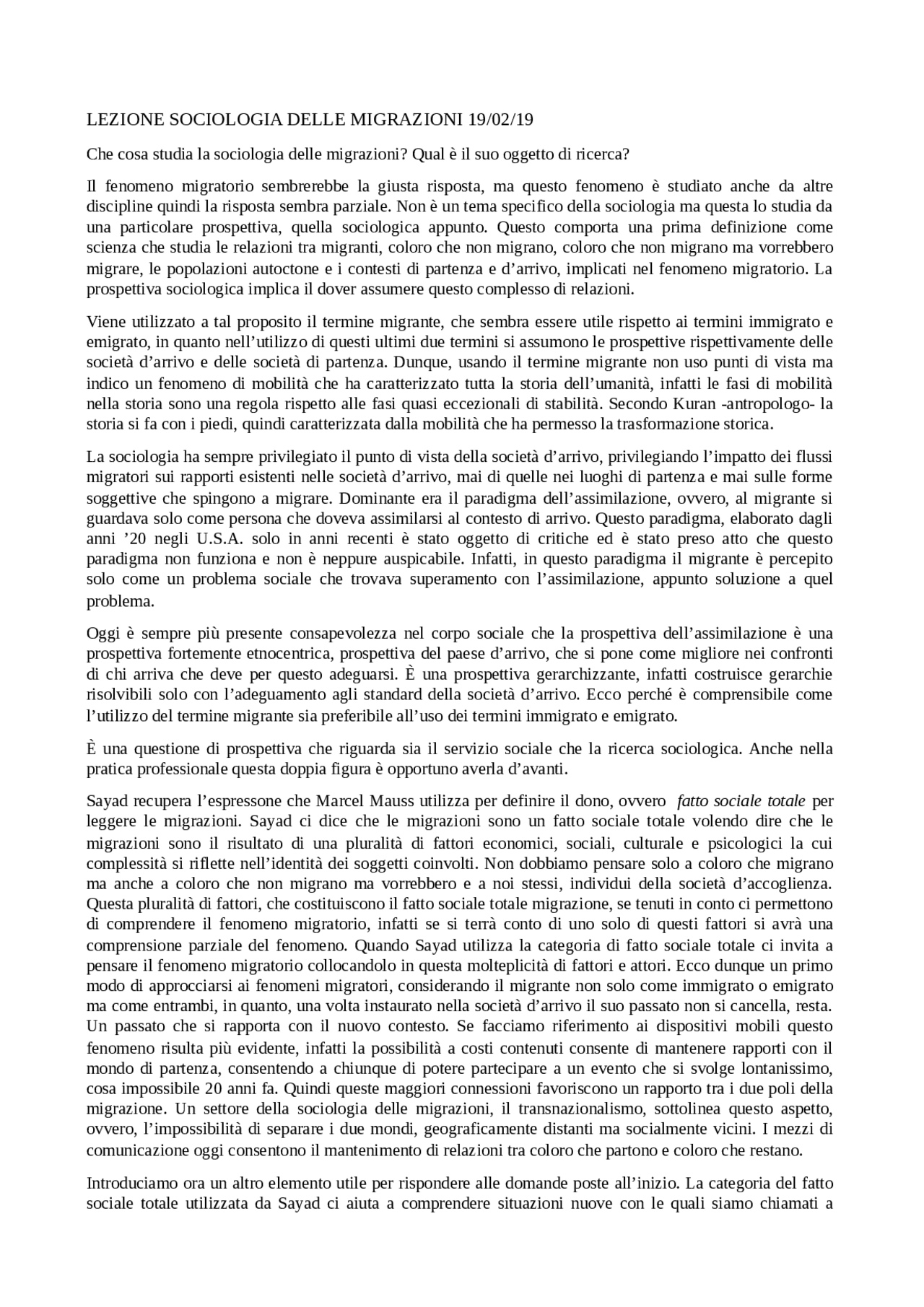 Appunti Di Sociologia Delle Migrazioni Docsity