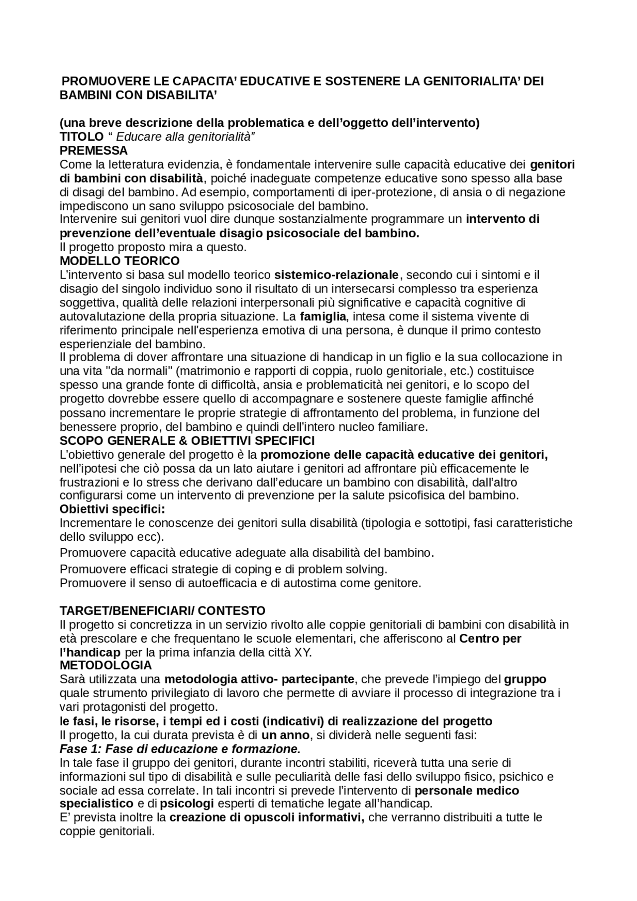 Progetto Sostegno Alla Genitorialità Per Esame Di Stato Psicologi Docsity