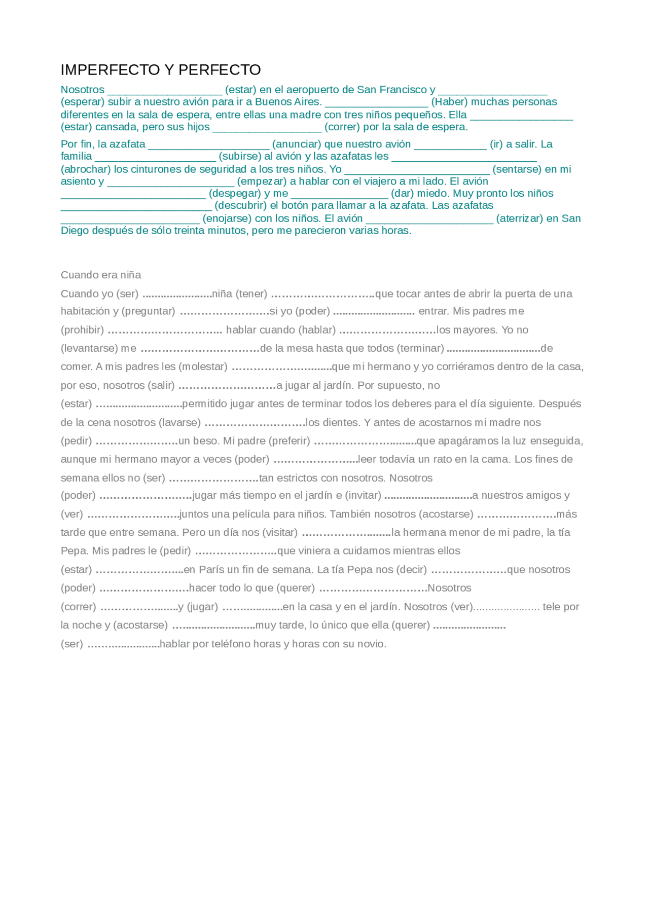 IMPERFECTO Y PERFECTO EJERCICIOS | Esercizi di Spagnolo | Docsity