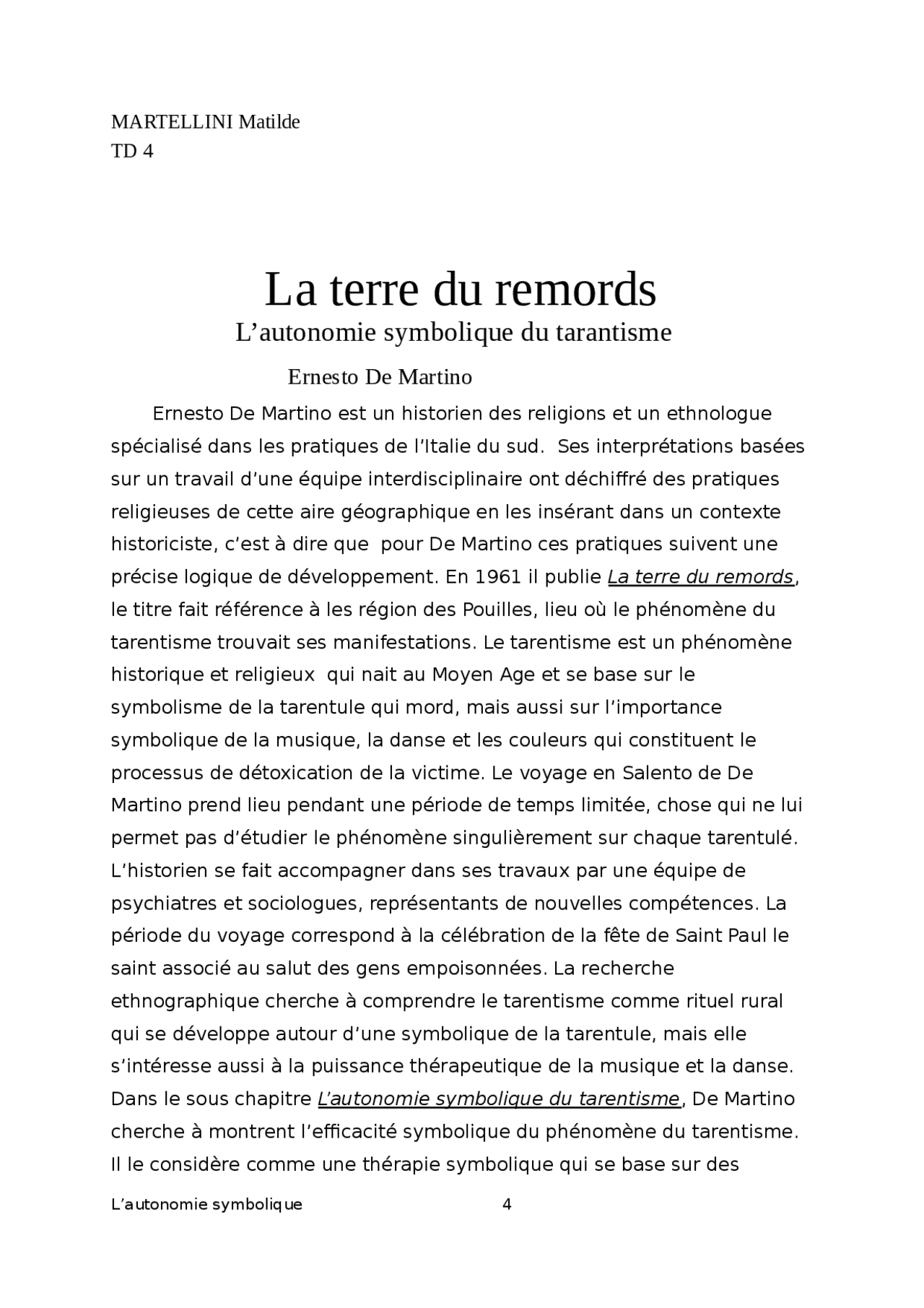 La terre du remord, De Martino - Docsity