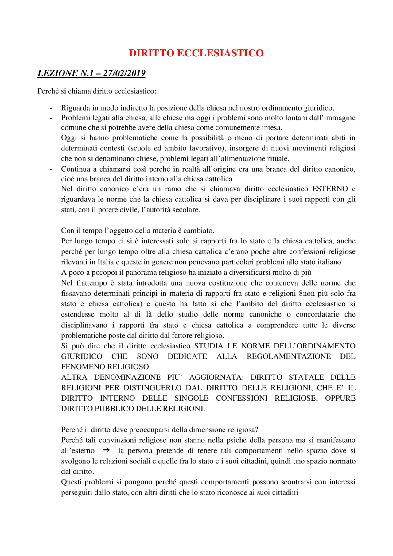 Diritto Ecclesiastico Lezione 1 Docsity