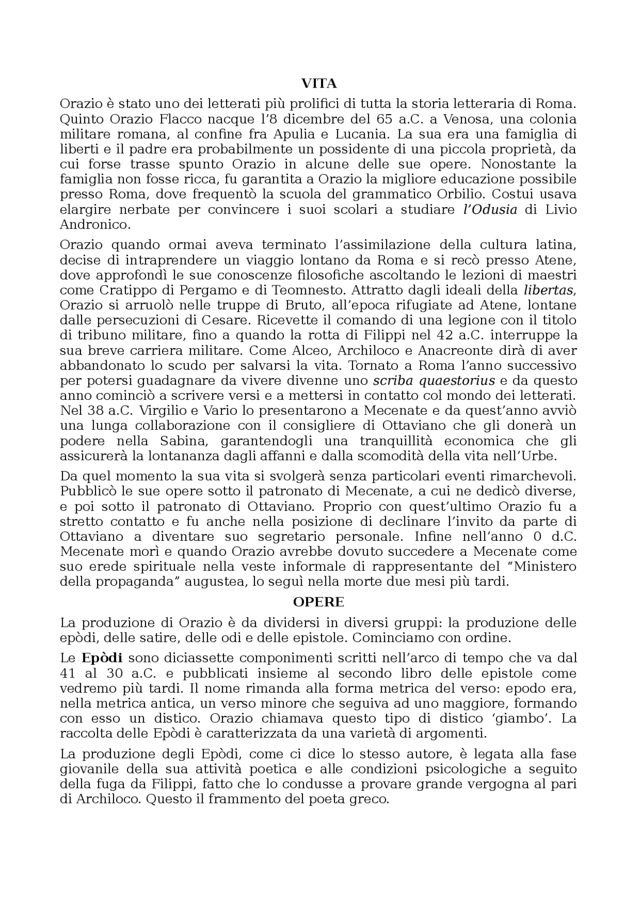 Orazio Riassunto Breve Docsity