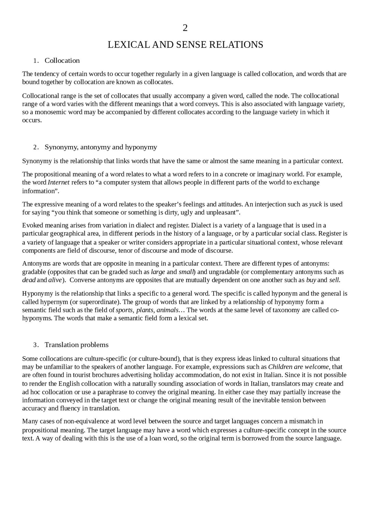 Capitolo 2: Lexical and sense relations - Docsity