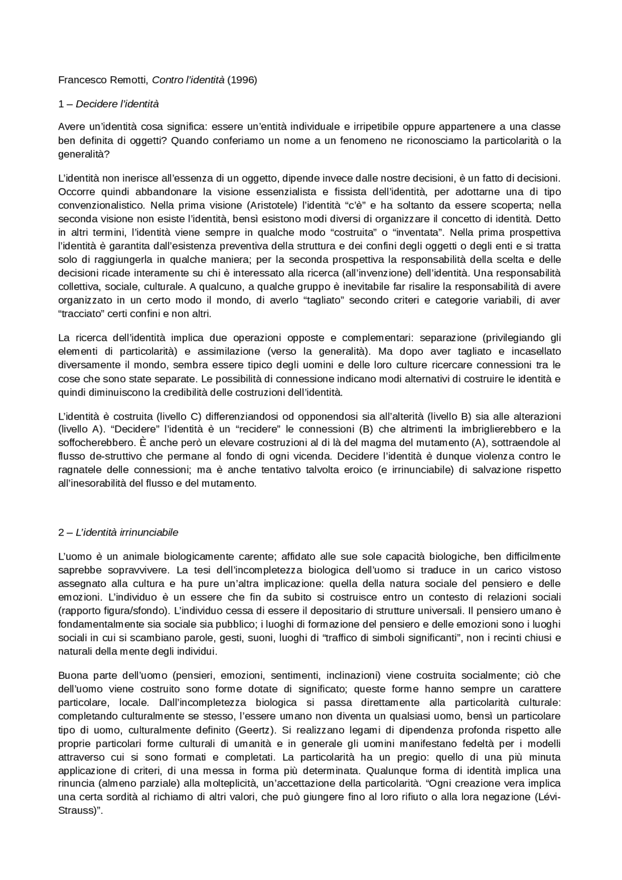 Remotti Contro Lidentità Docsity