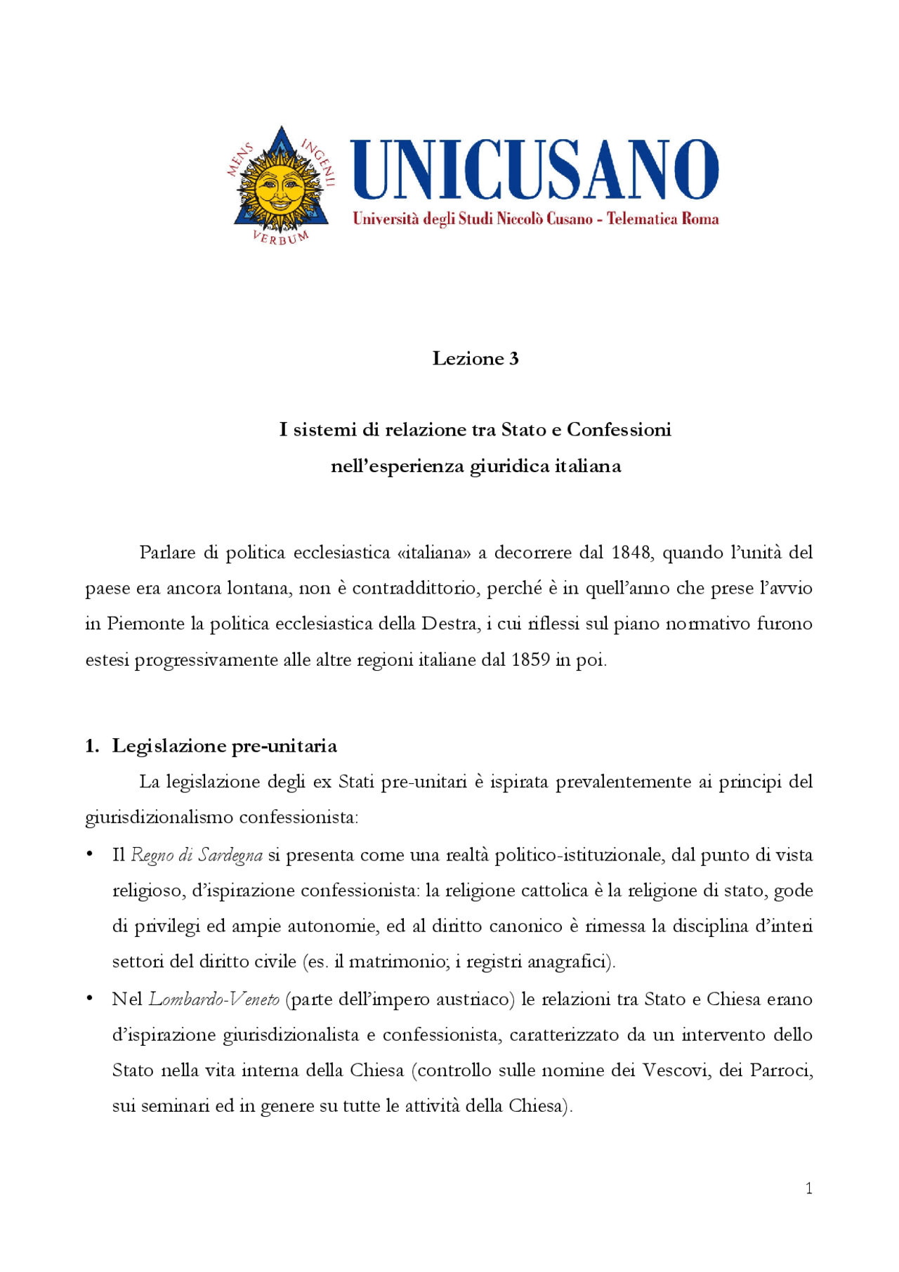 Lezione 3 Diritto Ecclesiastico Unicusano Docsity
