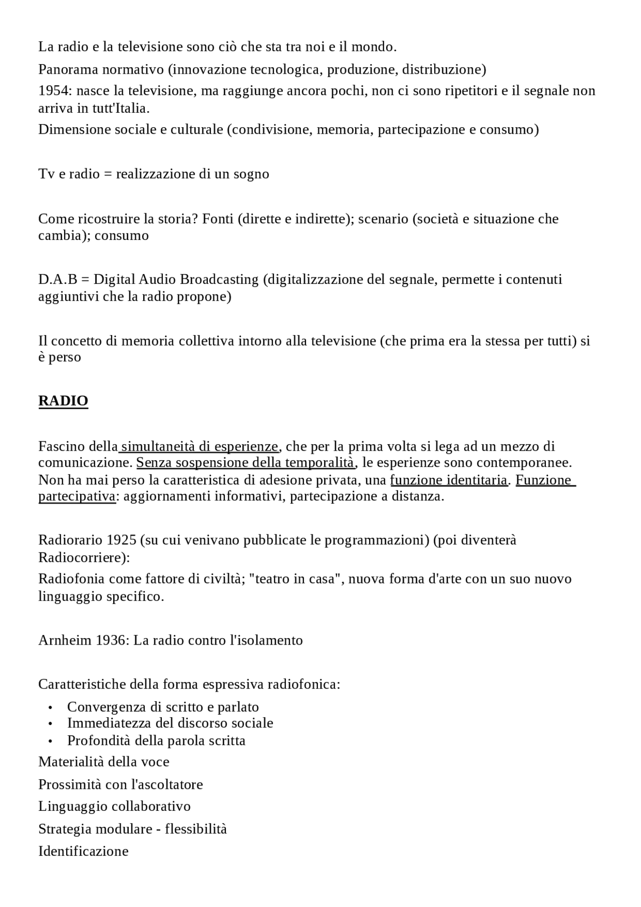 Storia Della Radio E Della Televisione Semestre I Docsity