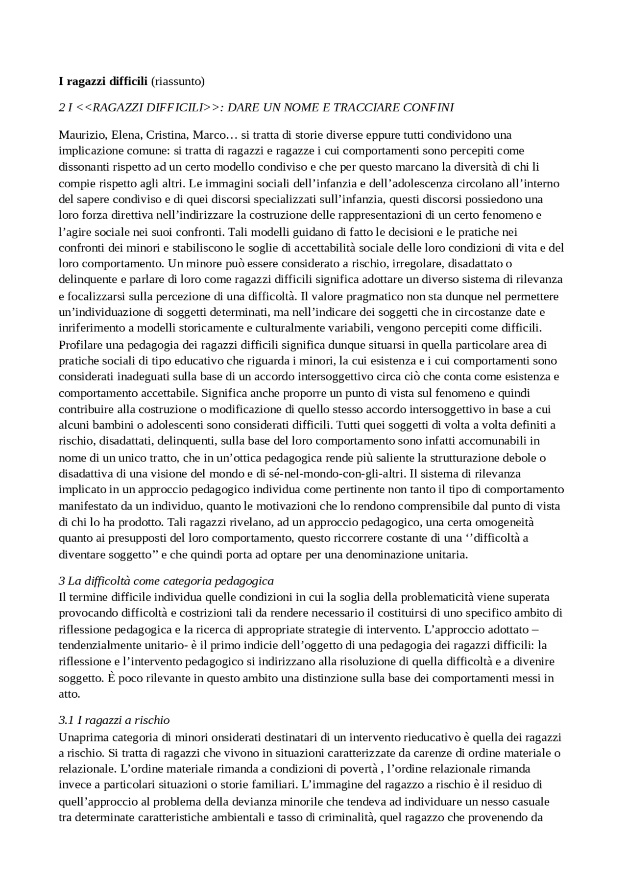 Riassunto I Ragazzi Difficili Docsity