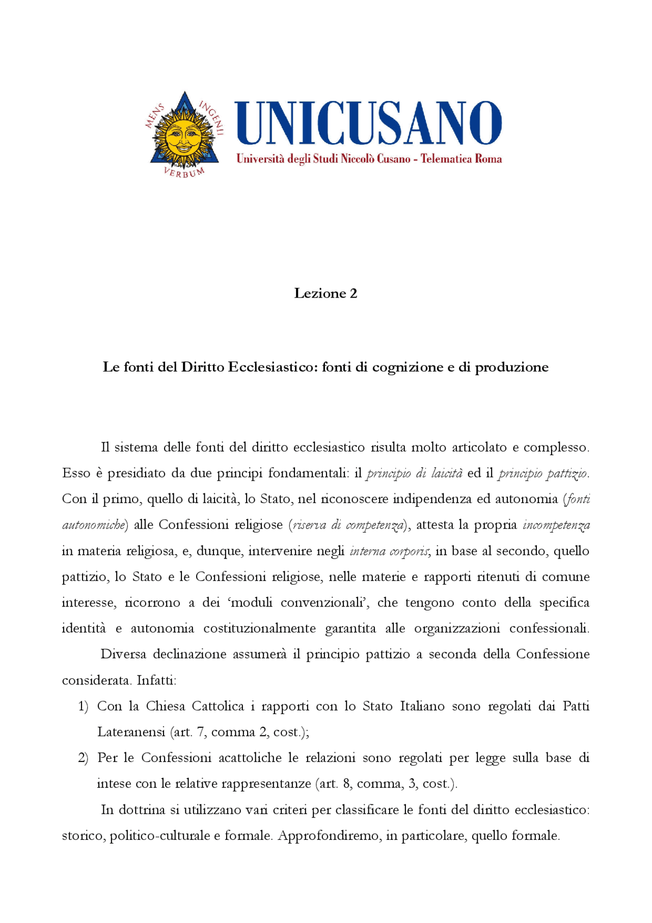 Lezione 2 Diritto Ecclesiastico Unicusano Docsity