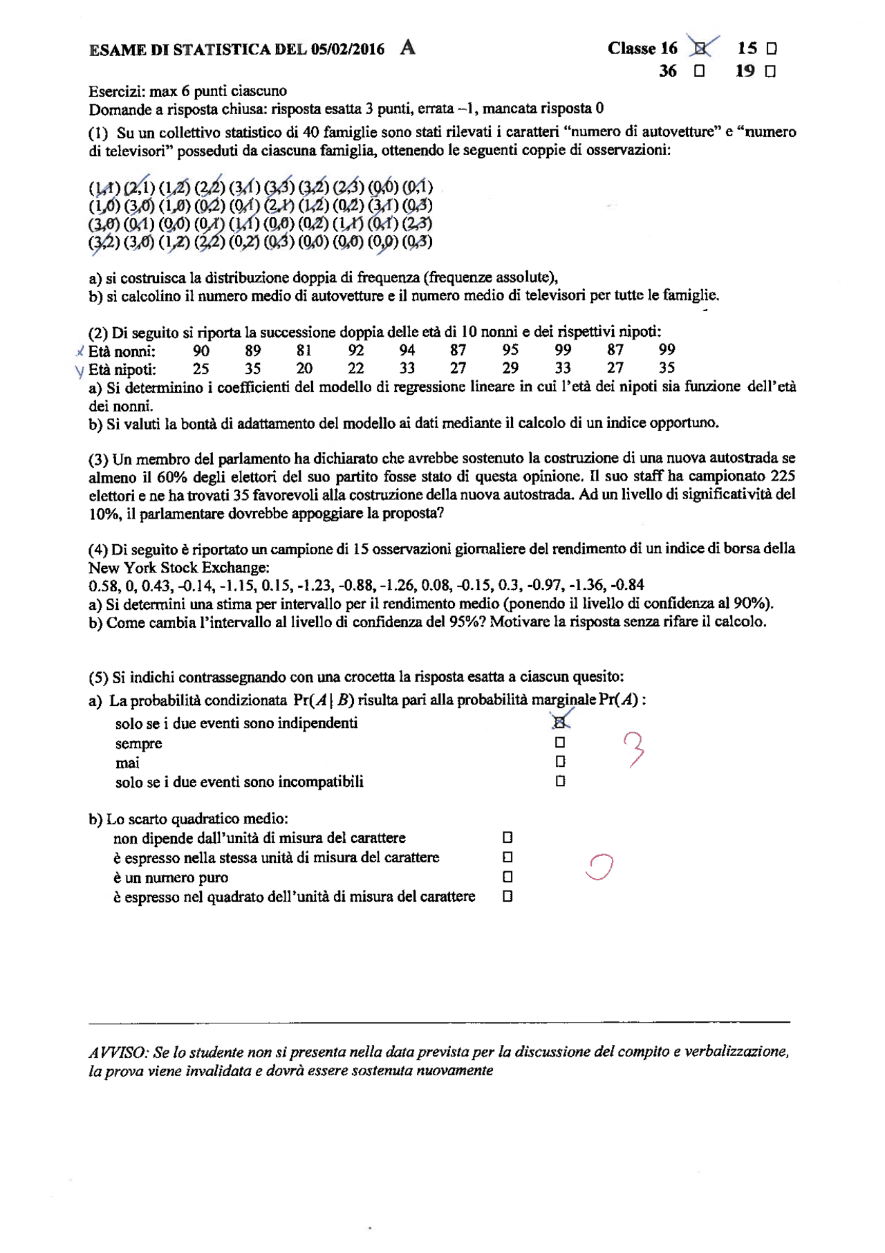 Esempio Esame Statistica Scienze Politiche Pisa Docsity