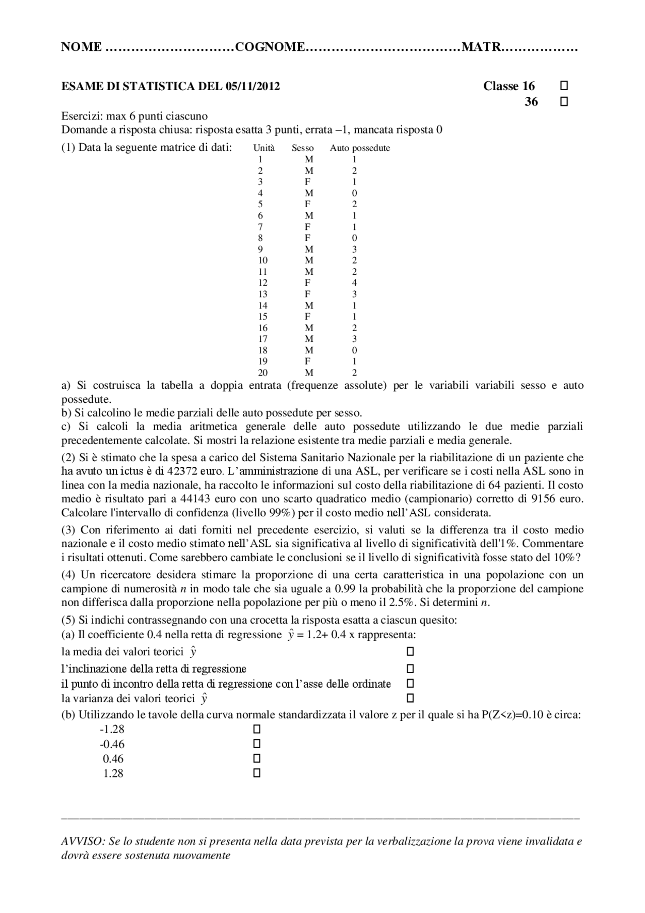 Esempio Esame Statistica Scienze Politiche Pisa Docsity