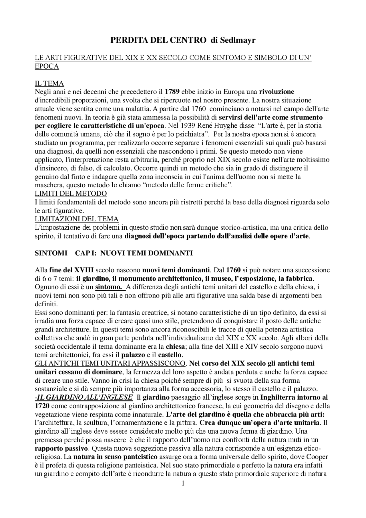Perdita Del Centro H Sedlmayr Docsity