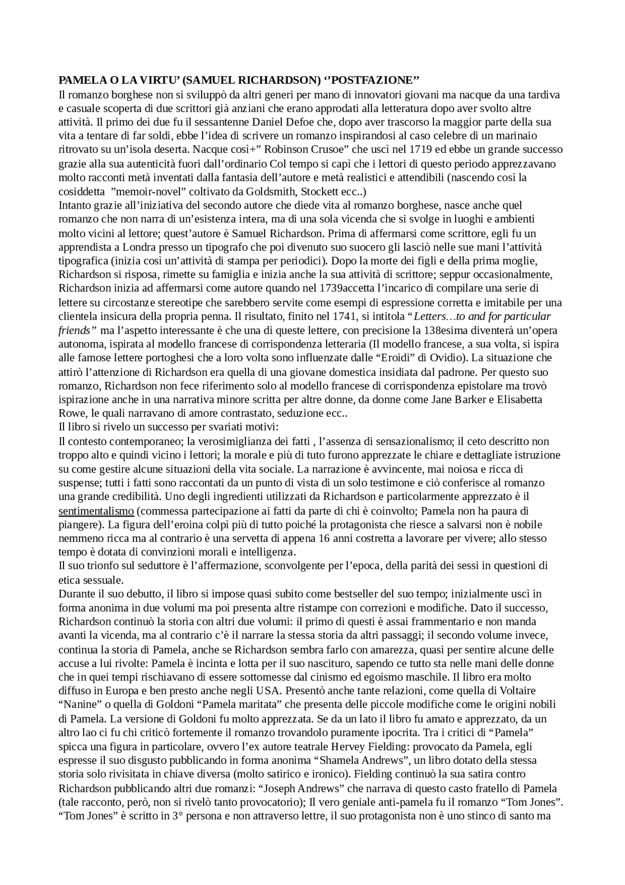 Pamela O La Virtù S Richardson ‘postfazione Docsity