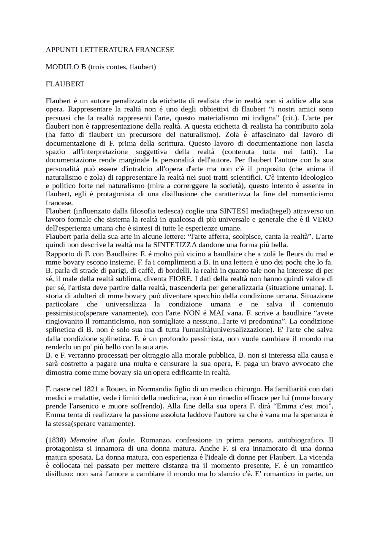 Appunti Modulo B Letteratura Francese Docsity