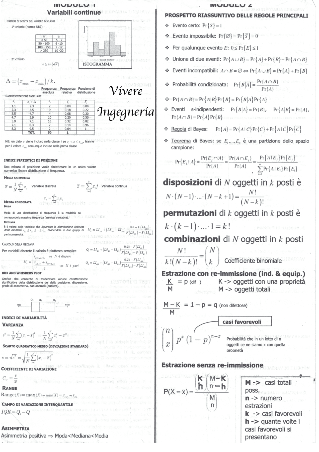 Prospetto riassuntivo delle formule principali di Statistica - Docsity