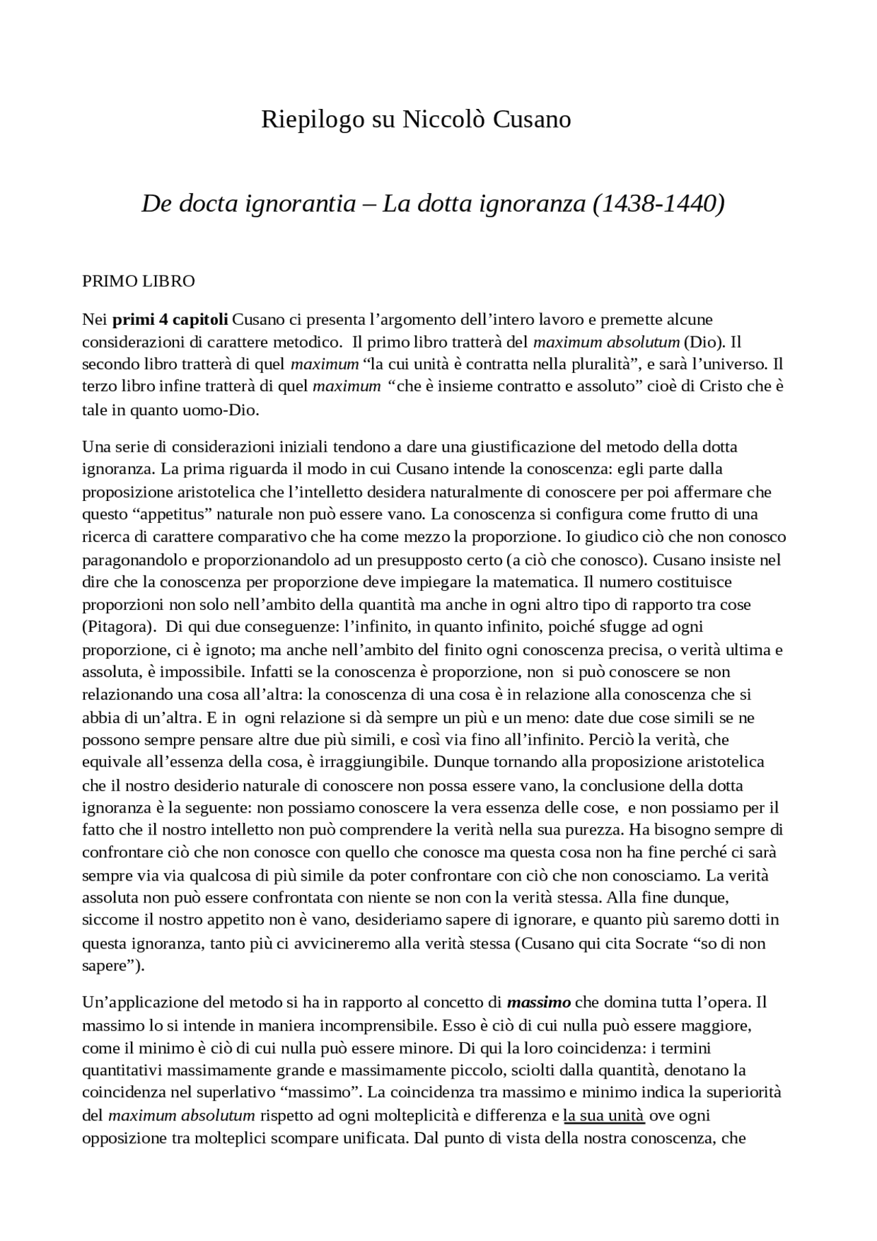 Niccolò Cusano Opere Principali Docsity