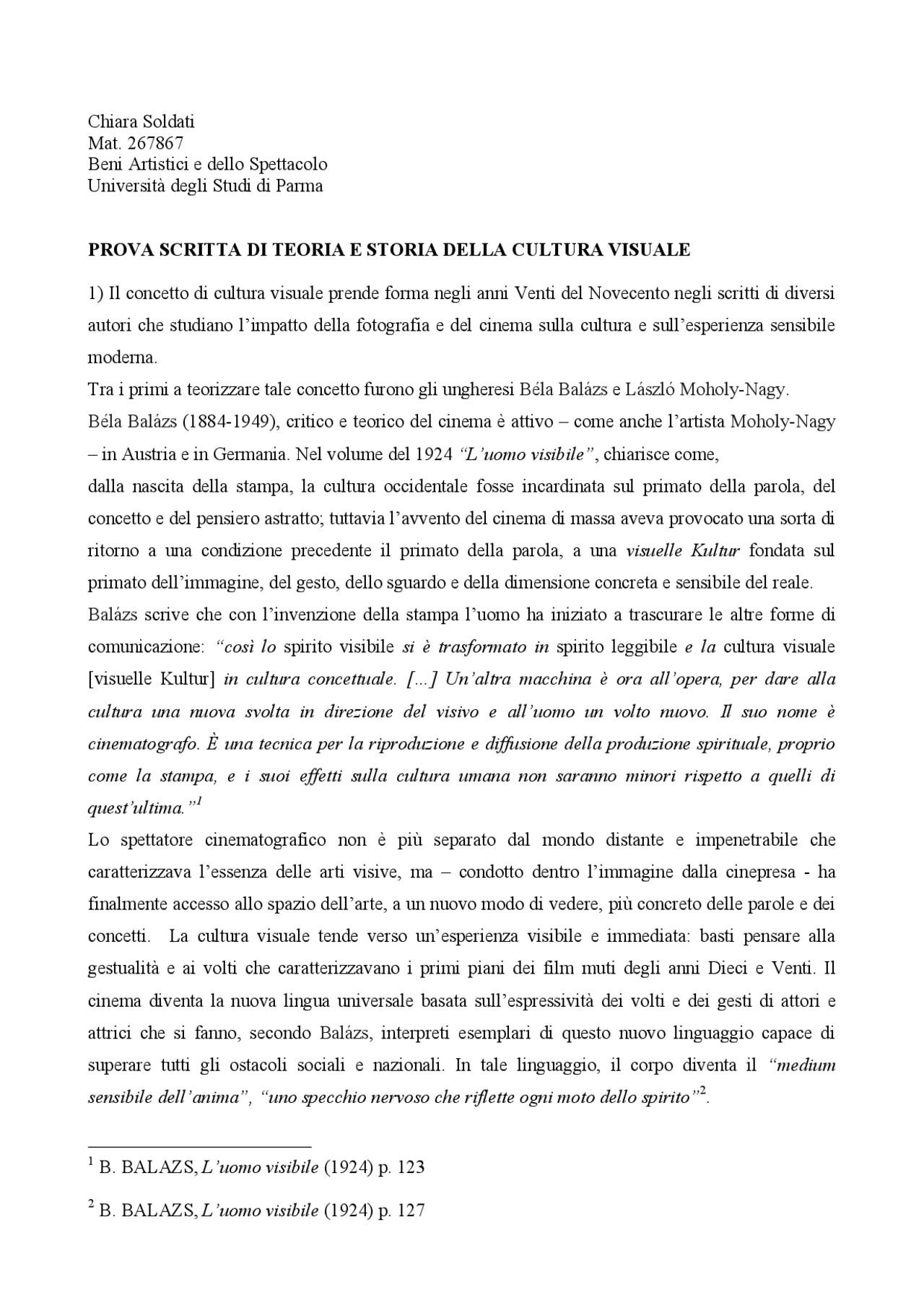 Prova Scritta Esame Di Cultura Visuale Con Somaini Docsity