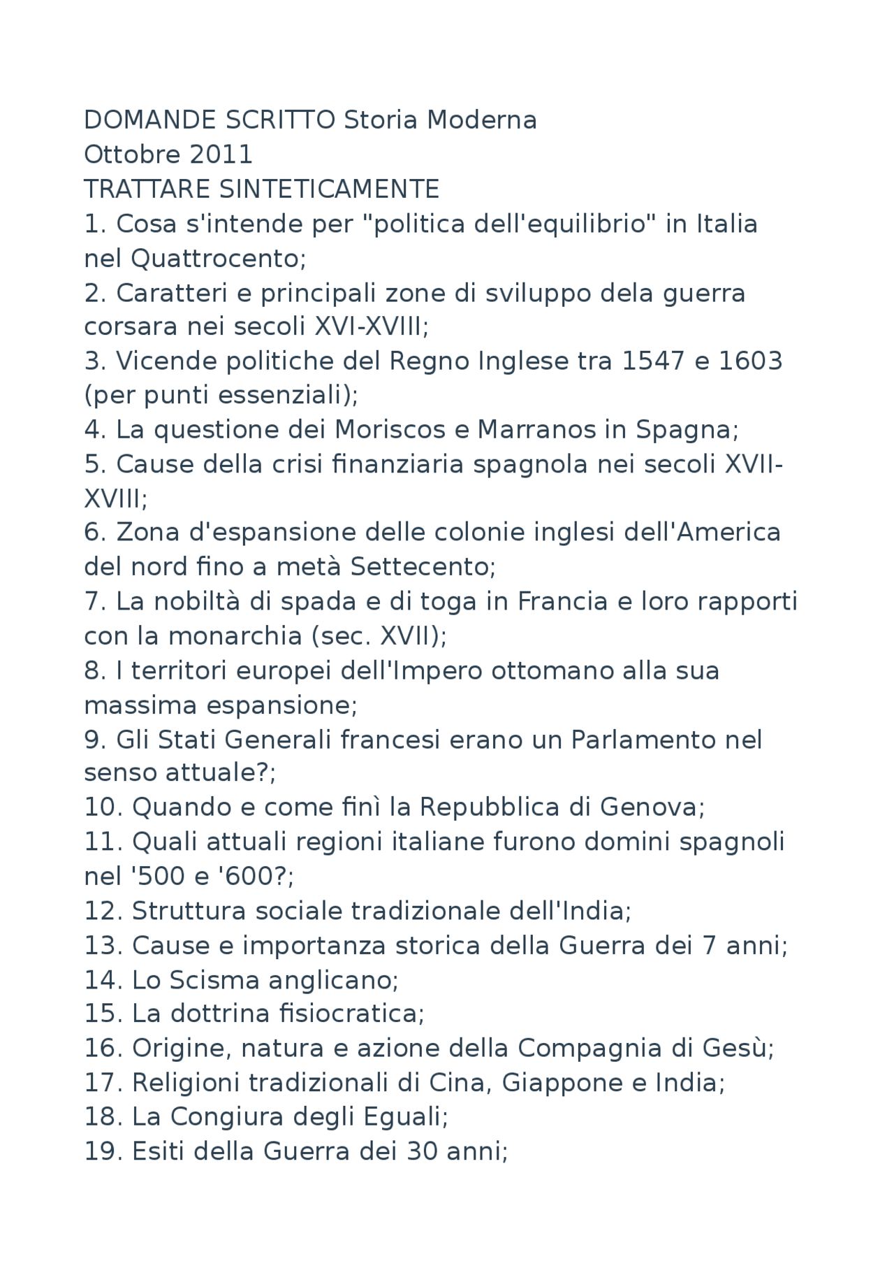 Domande X Esame Scritto Di Storia Moderna Docsity